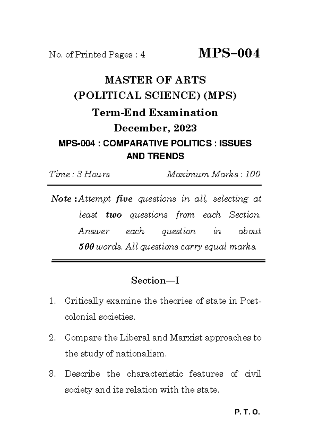 MPS-004 - Question paper - P. T. O. No. of Printed Pages : 4 MPS– 004 ...