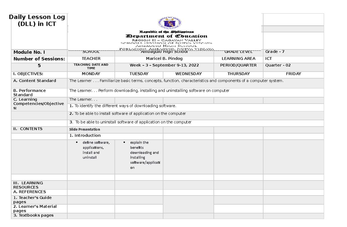 Instructionsl Objectives - Daily Lesson Log (DLL) in ICT Module No. I ...