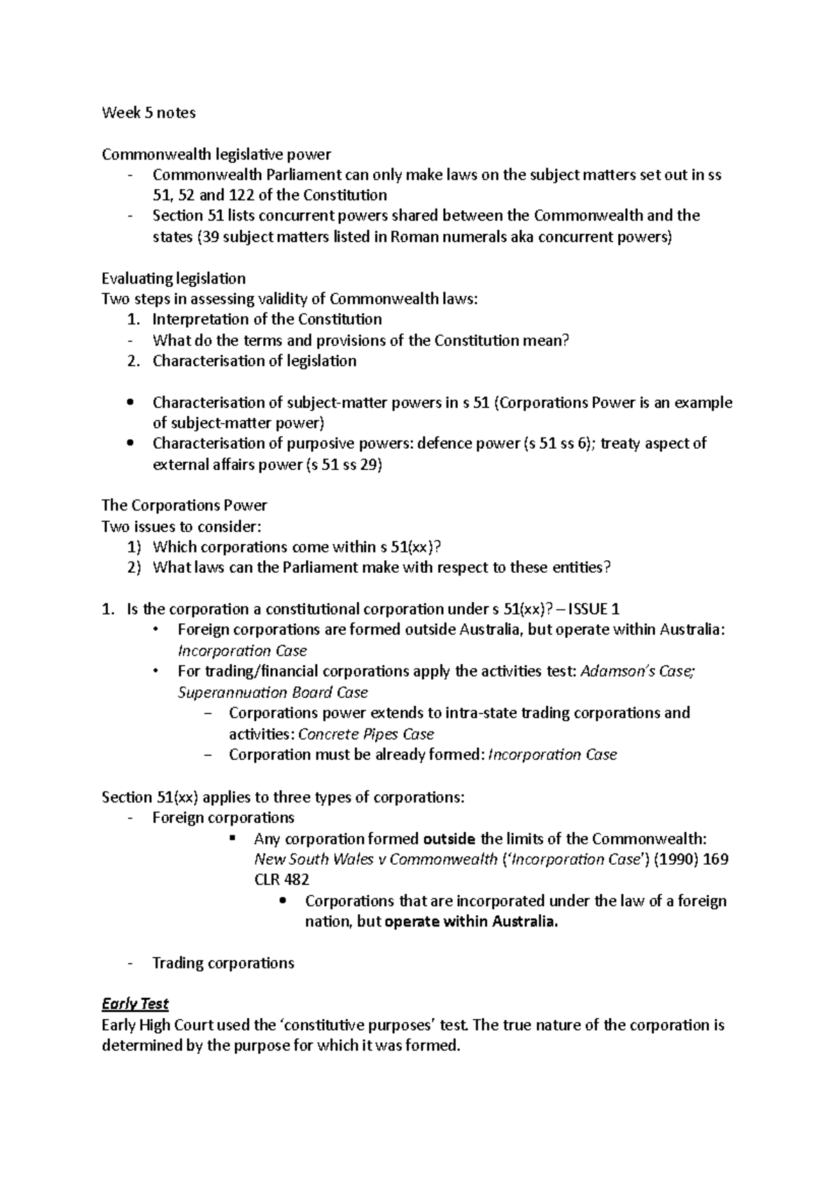 MCQ W5-W9 Notes - Week 5 notes Commonwealth legislative power ...