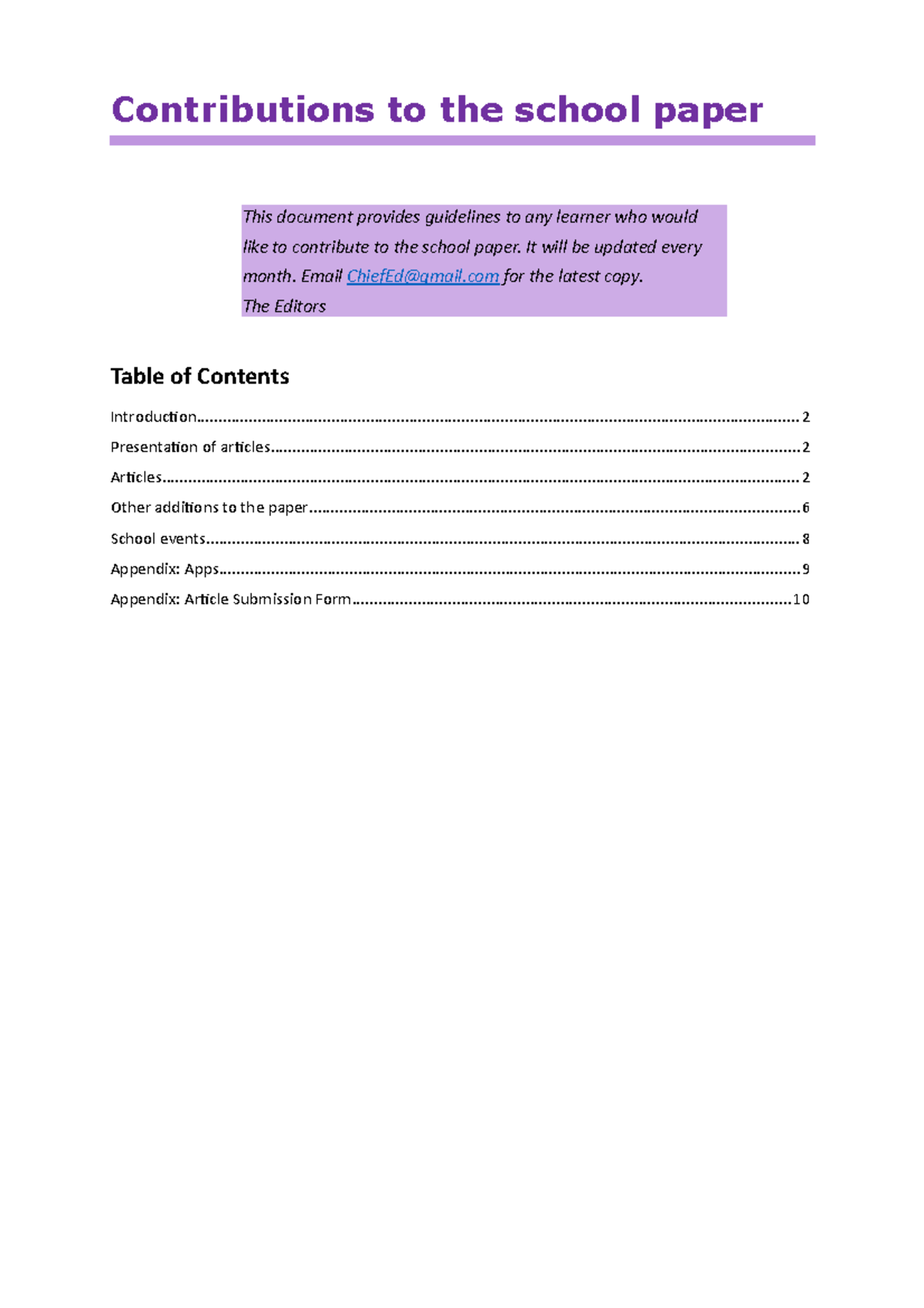 Contributions School Paper - Contributions to the school paper This ...
