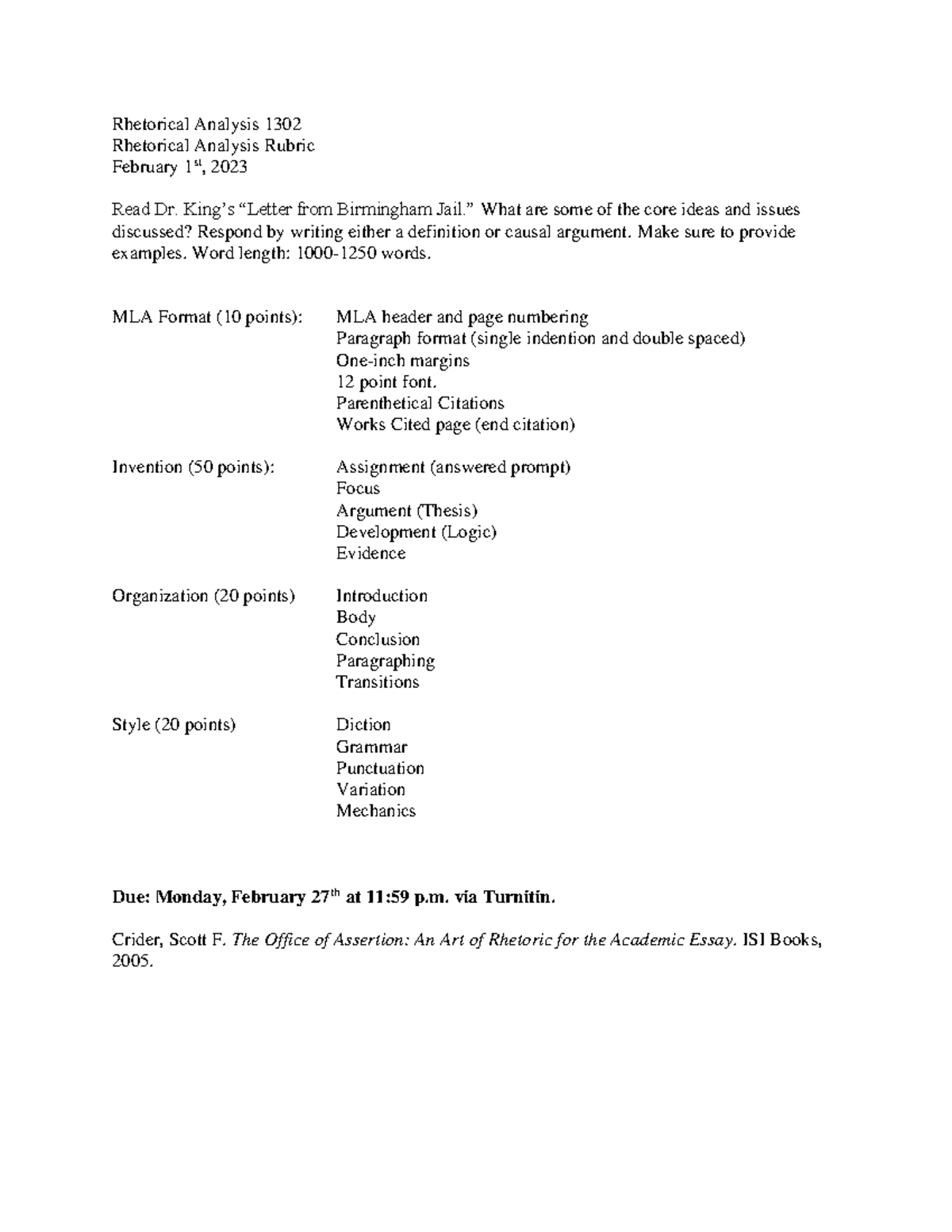Rhetorical Analysis Essay One Rubric - Rhetorical Analysis 1302 ...