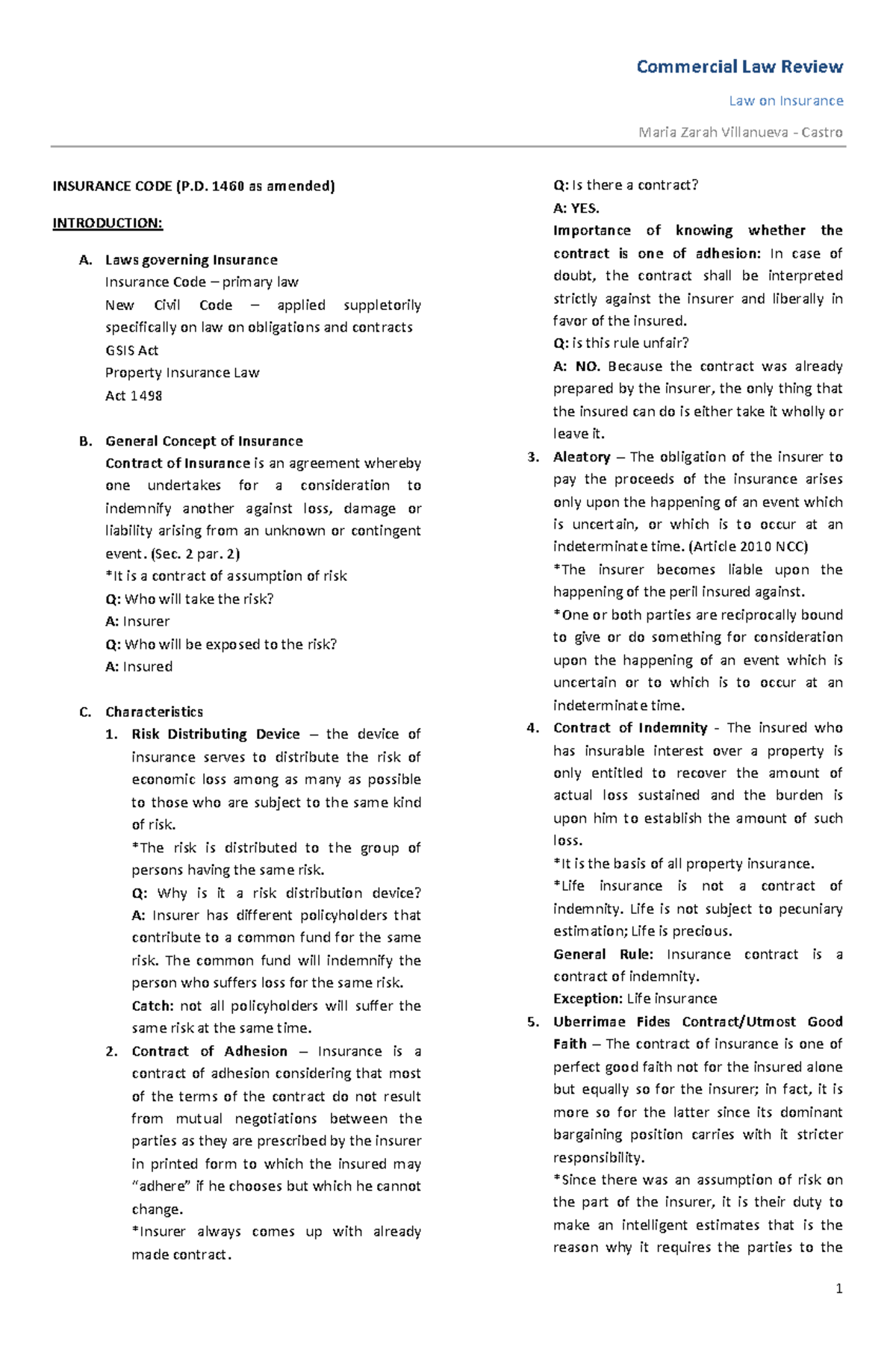 Pdfcoffee.com commercial-law-review-maria-zarah-villanueva-castro-4-pdf-free - Law on Insurance ...