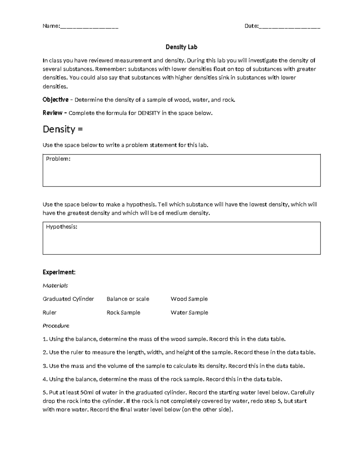 1 - Lab on density - Name:__________________ Date ...