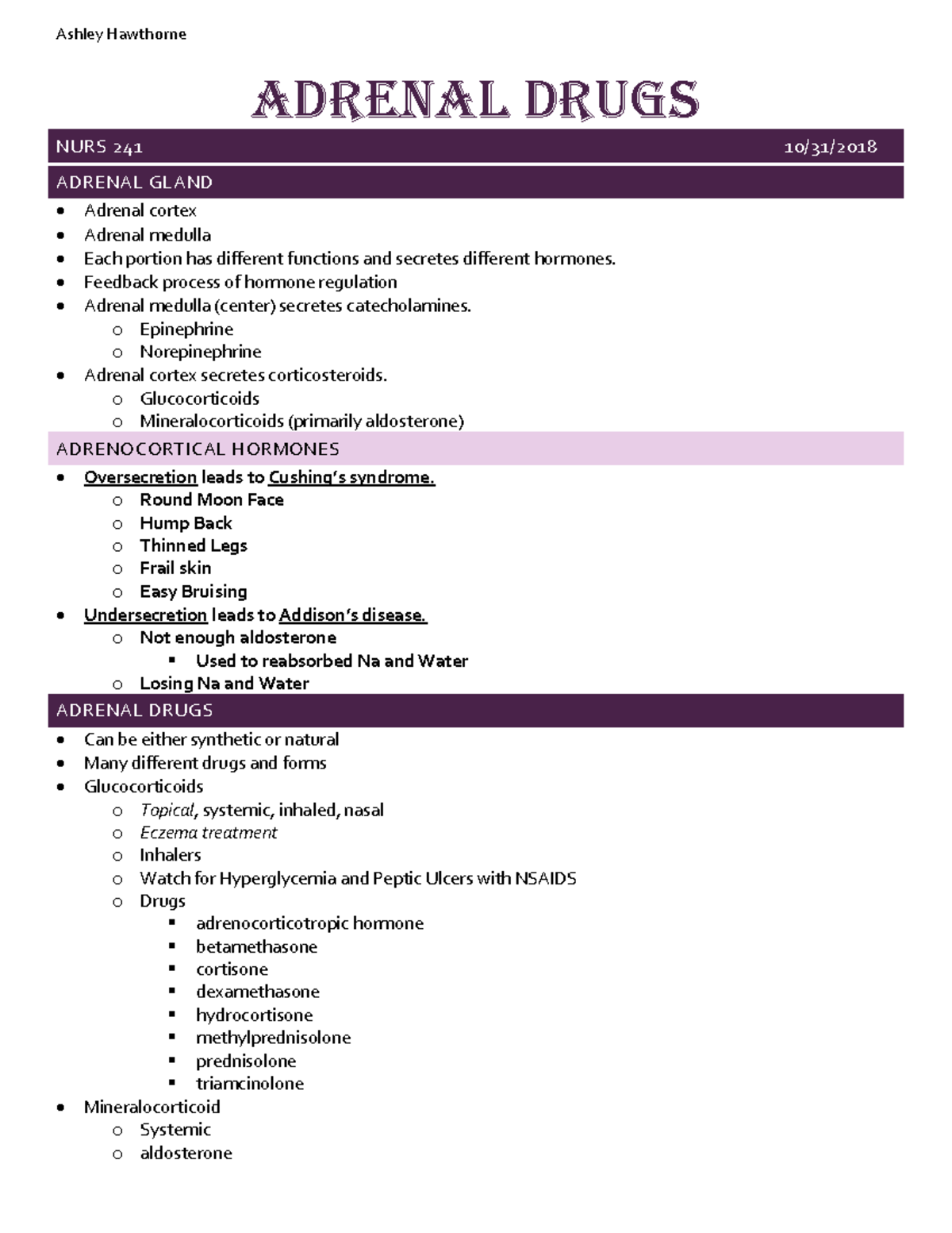 Adrenal Drugs - Neat lecture notes for studying - Ashley Hawthorne ...