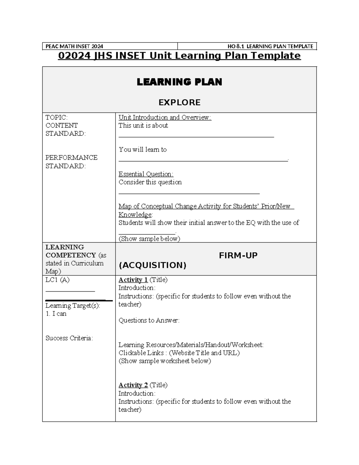 MATH-8 - example template - PEAC MATH INSET 2024 HO 8 LEARNING PLAN ...