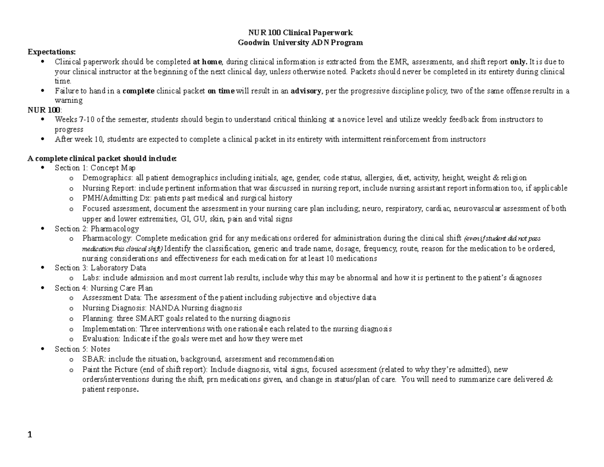 Clinical Packet Expectations-2 - NUR 100 Clinical Paperwork Goodwin ...