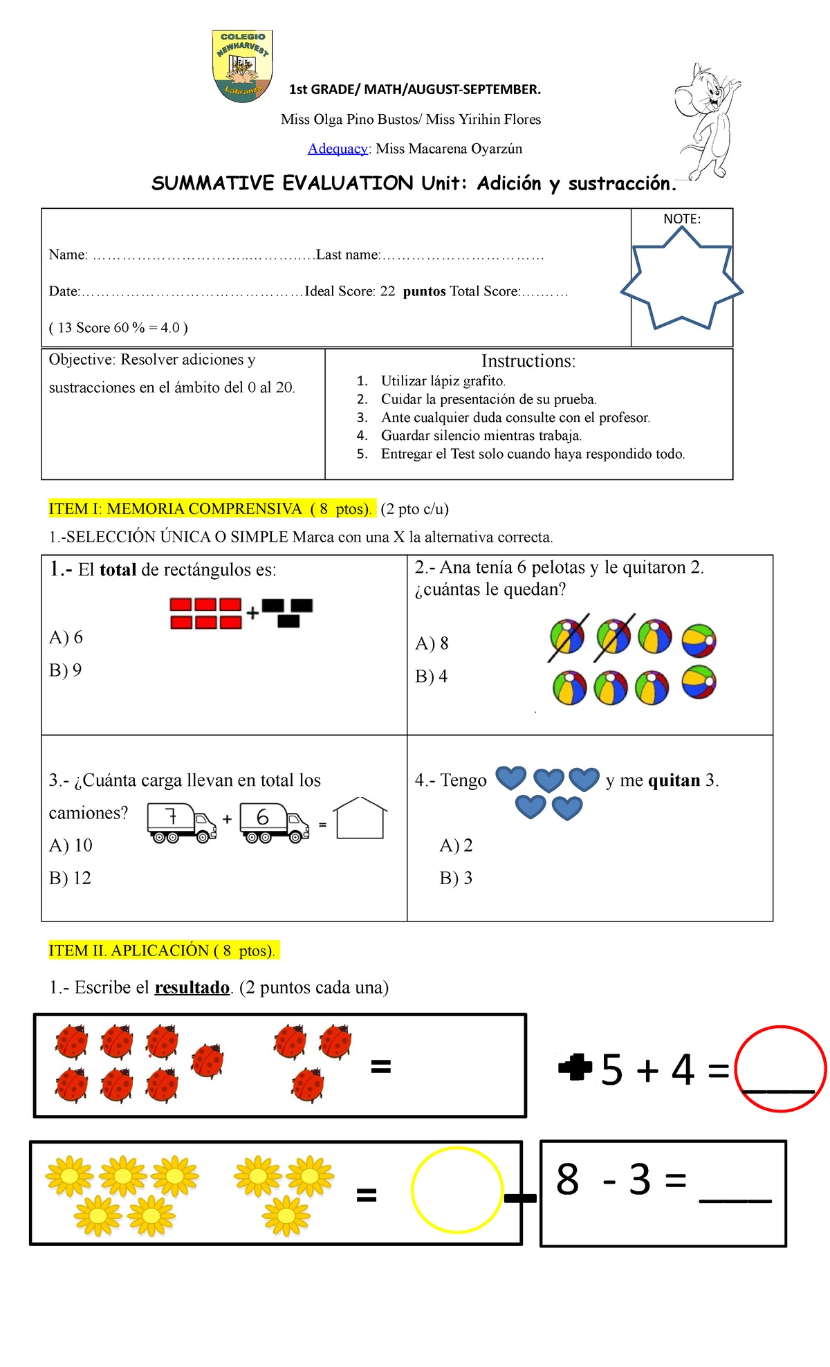 1º Matematica (suma y resta) - 1st GRADE/ MATH/AUGUST-SEPTEMBER. Miss ...