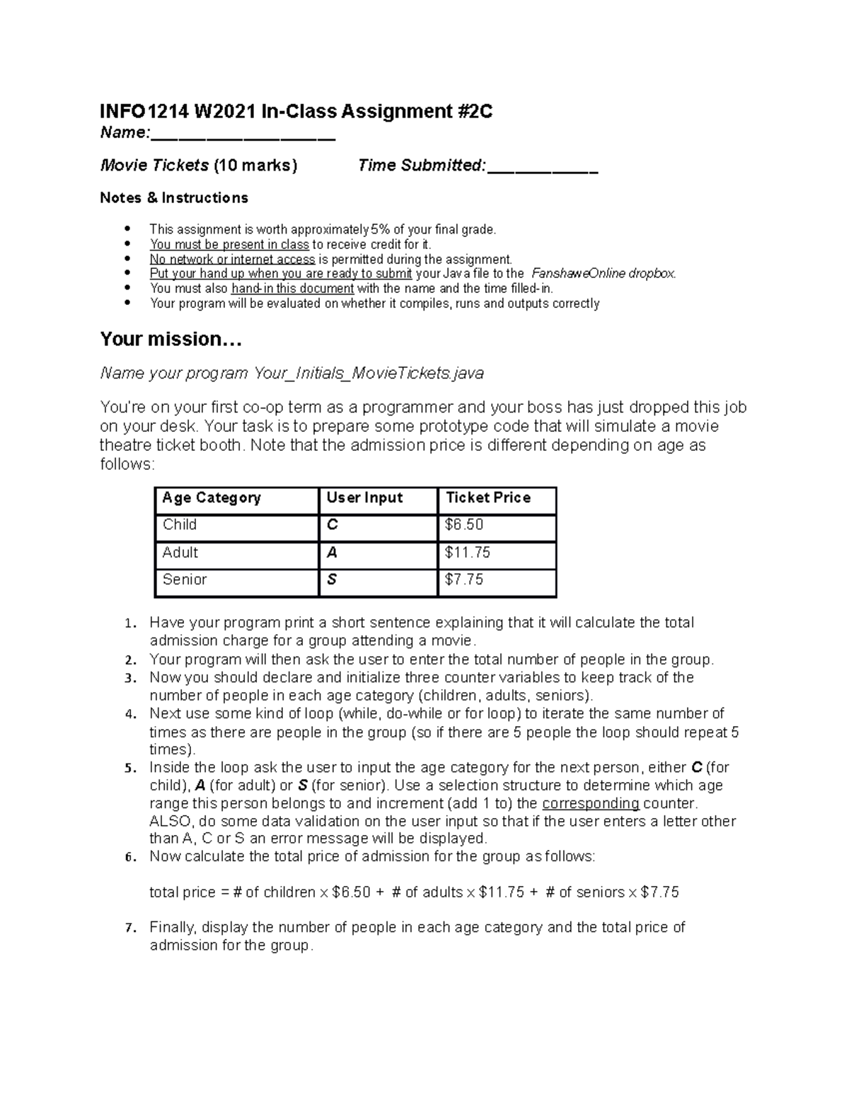 Assignment 2 INFO1214 For JAVA - INFO1214 W2021 In-Class Assignment #2C ...