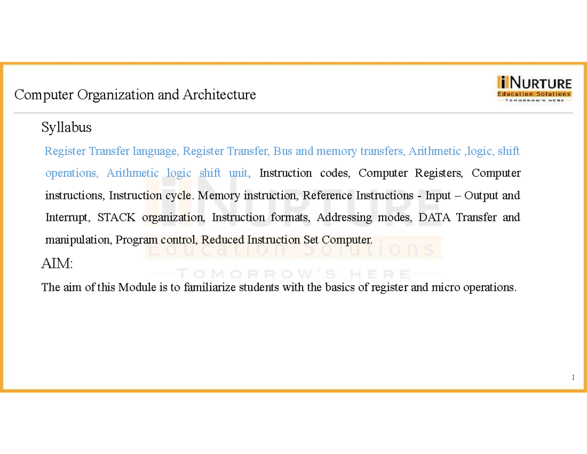 COA Module 2 - Syllabus Register Transfer language, Register Transfer, Bus and memory transfers ...
