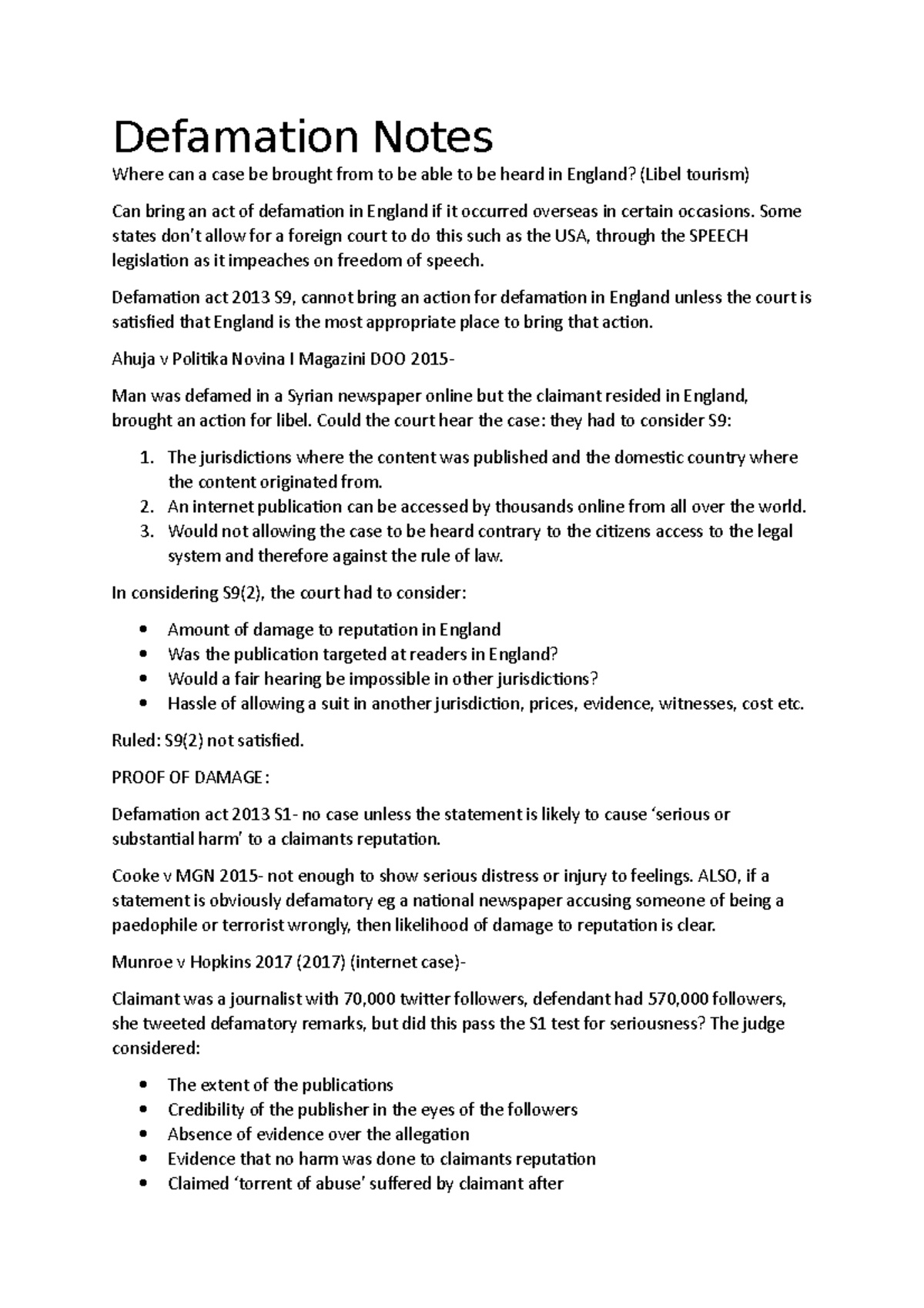 Defamation Notes - Defamation Notes Where can a case be brought from to ...