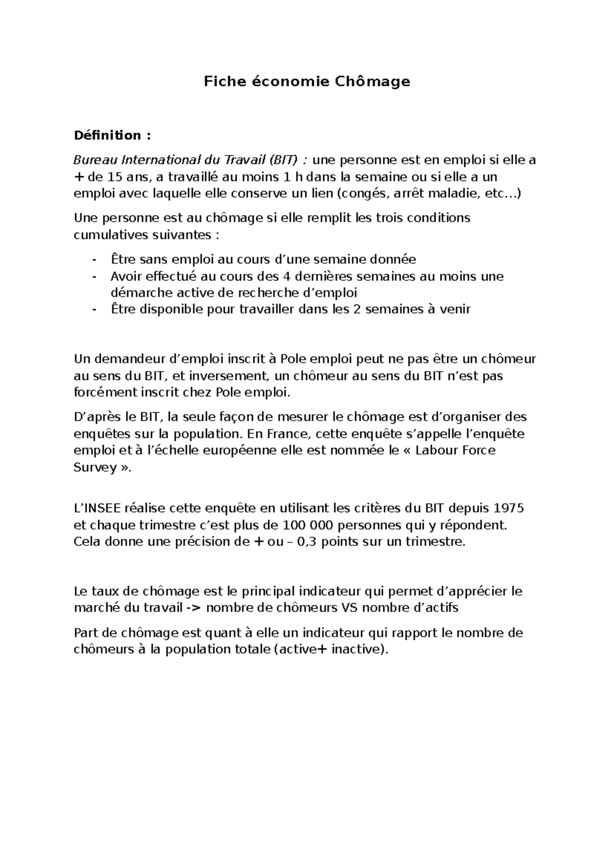Fiche économie Chômage - Fiche économie Chômage Définition : Bureau ...