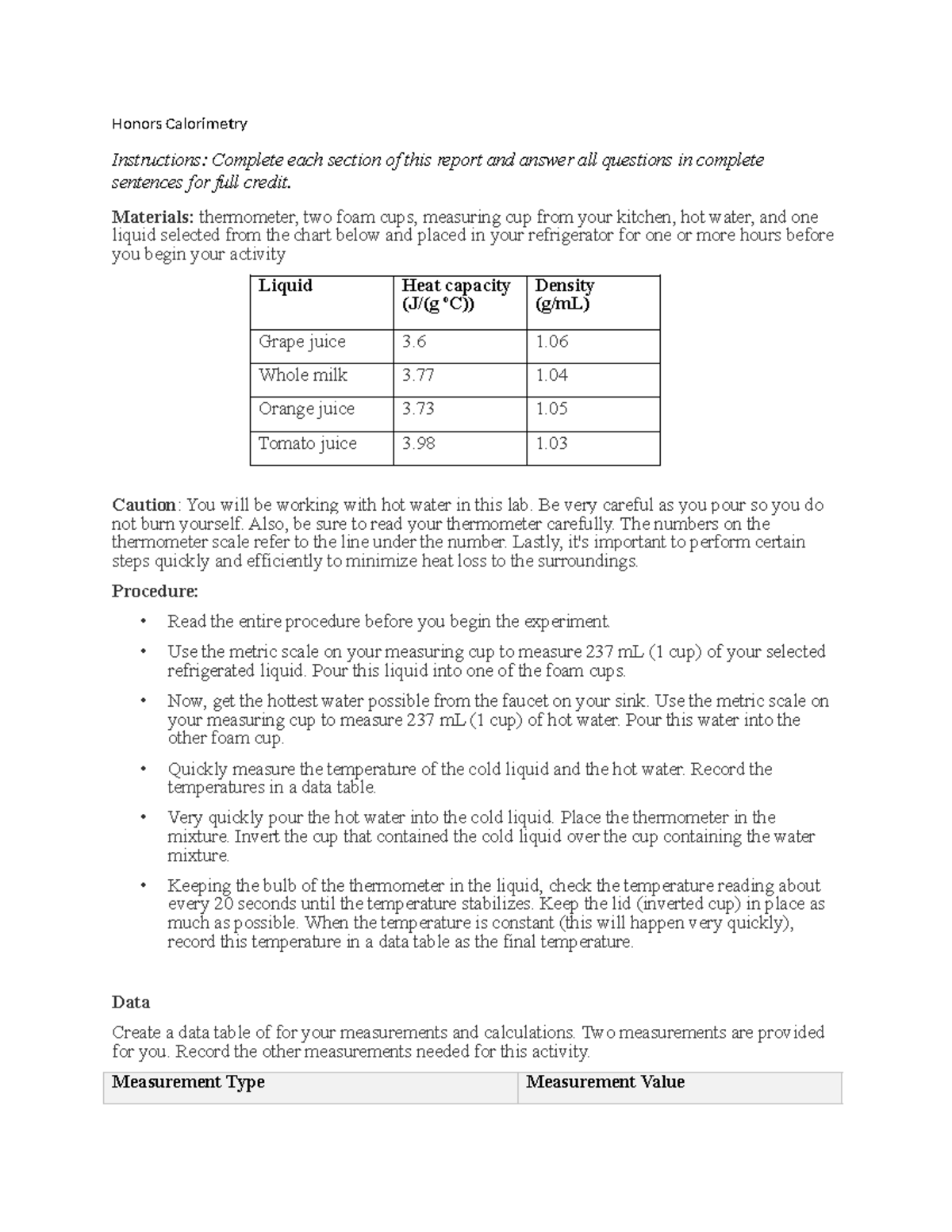 07 03 worksheet - chemistry work sheet - Honors Calorimetry ...