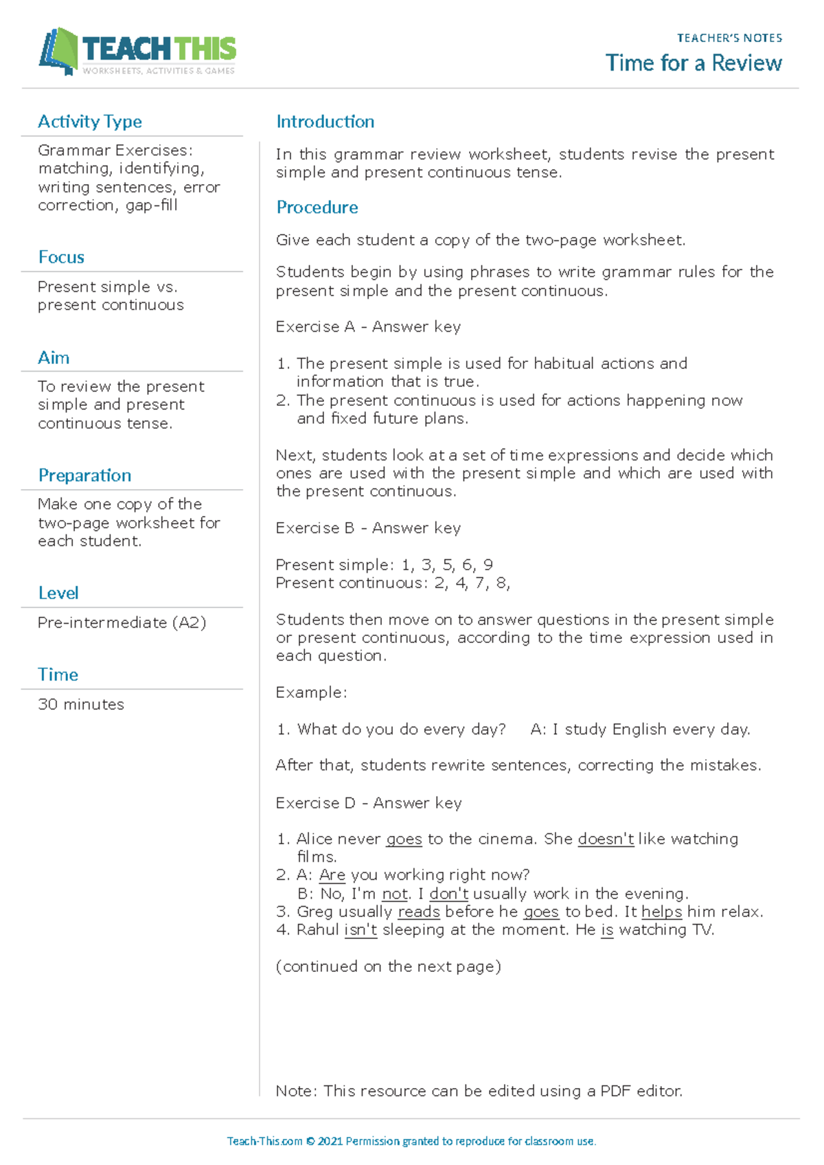 Present simple vs continuous - TEACHER’S NOTES Time for a Review ...