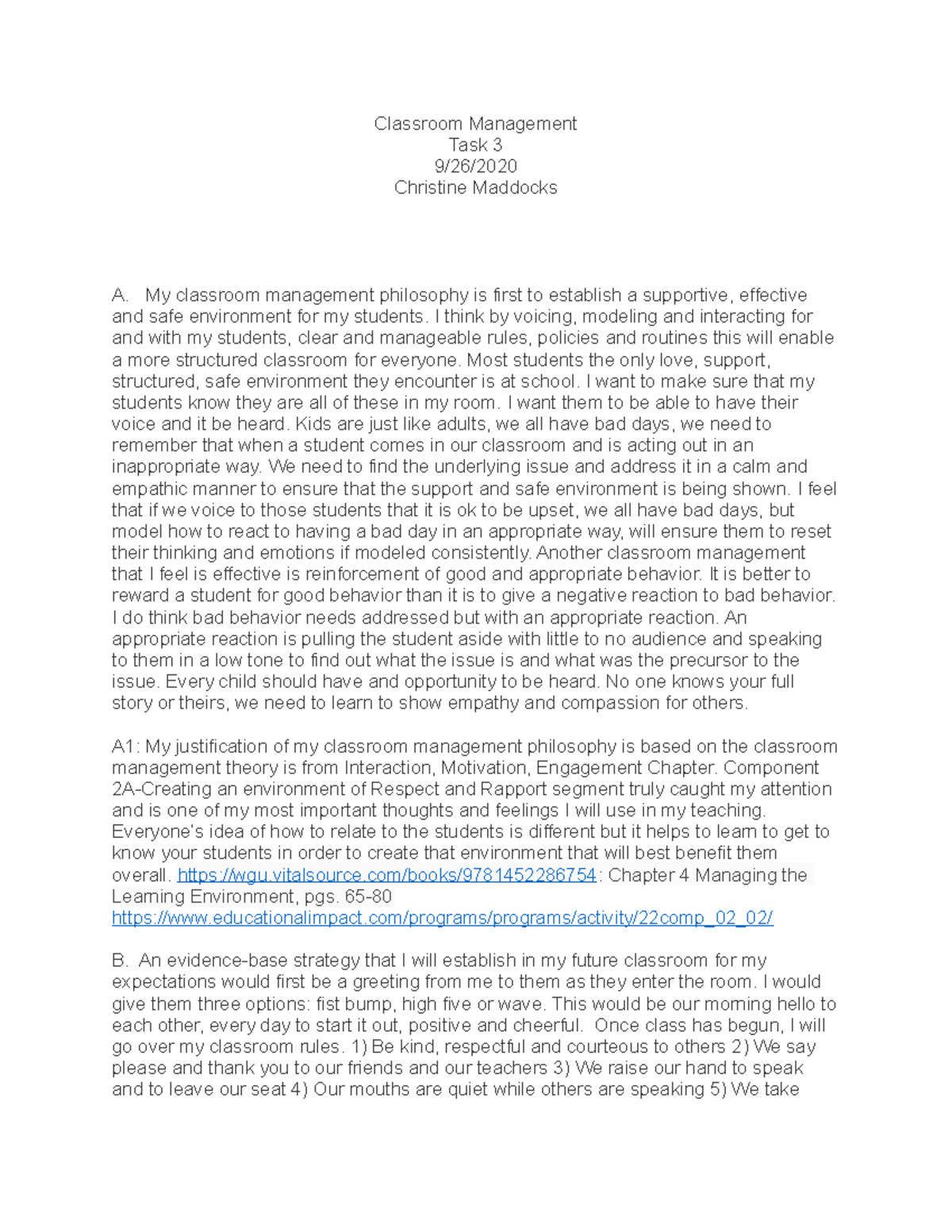 Task 3 Classroom Management - Classroom Management Task 3 9/26 ...