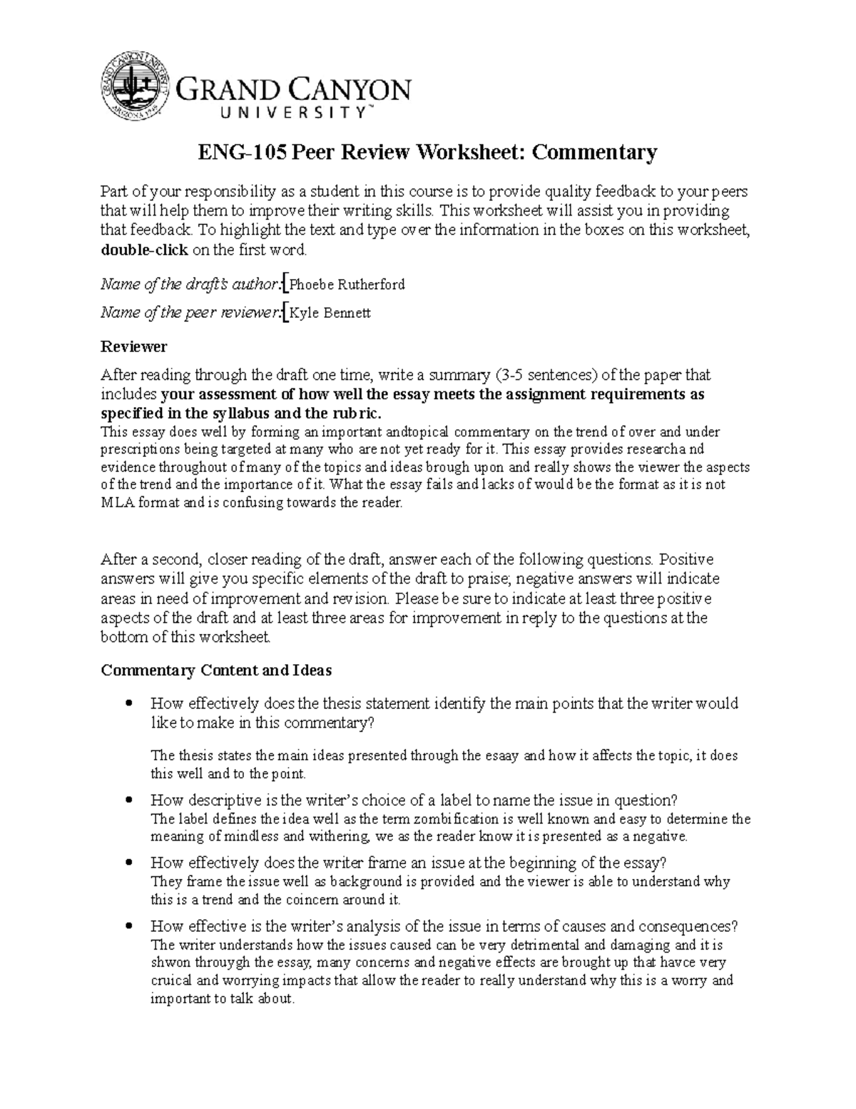 ENG105 Commentary Peer Review Worksheet - ENG-105 Peer Review Worksheet ...