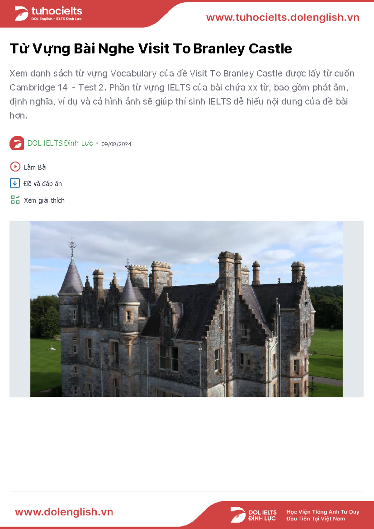 Visit To Branley Castle - Phần từ vựng IELTS của bài chứa xx từ, bao ...