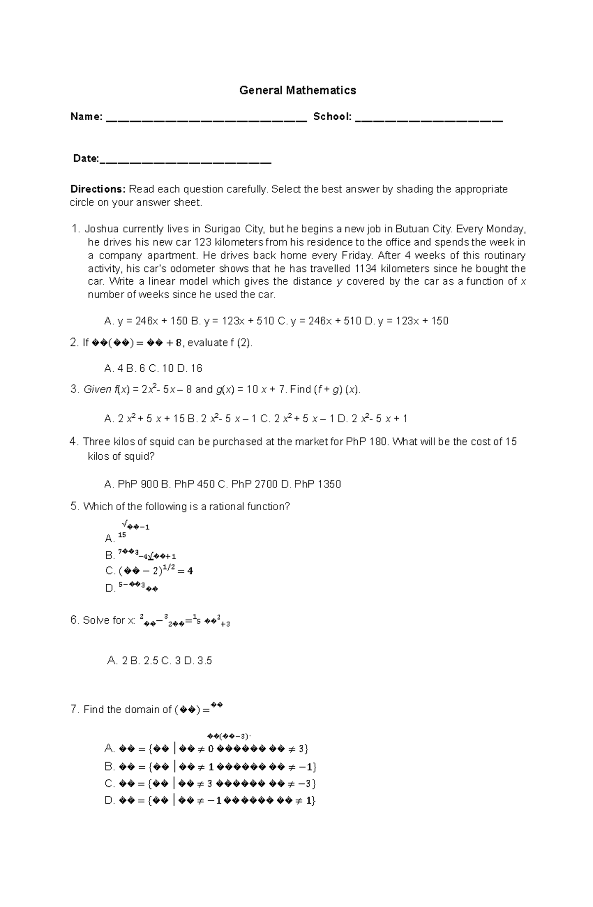 Practice Test General Mathematics - General Mathematics Name