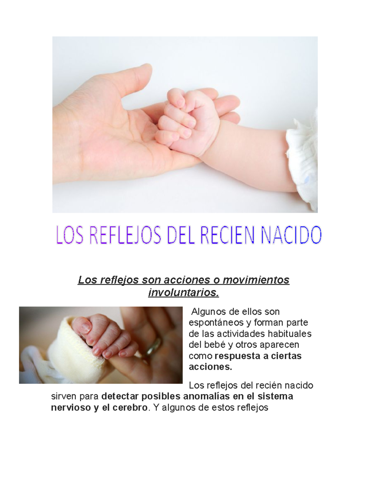 LOS Reflejos DEL Recien Nacido - Los reflejos son acciones o movimientos involuntarios. Algunos ...