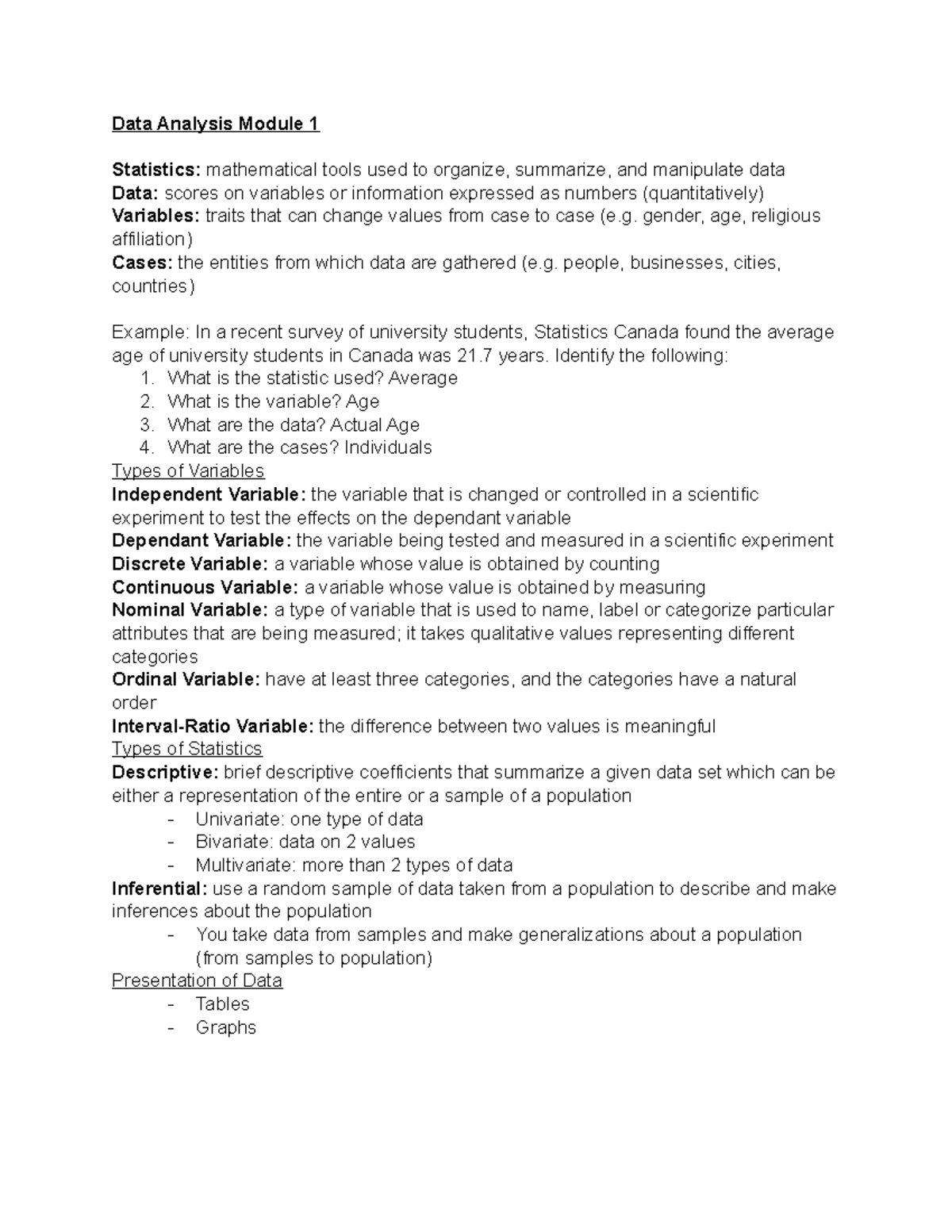 Data Analysis Notes Data Analysis Module 1 Statistics Mathematical Tools Used To Organize
