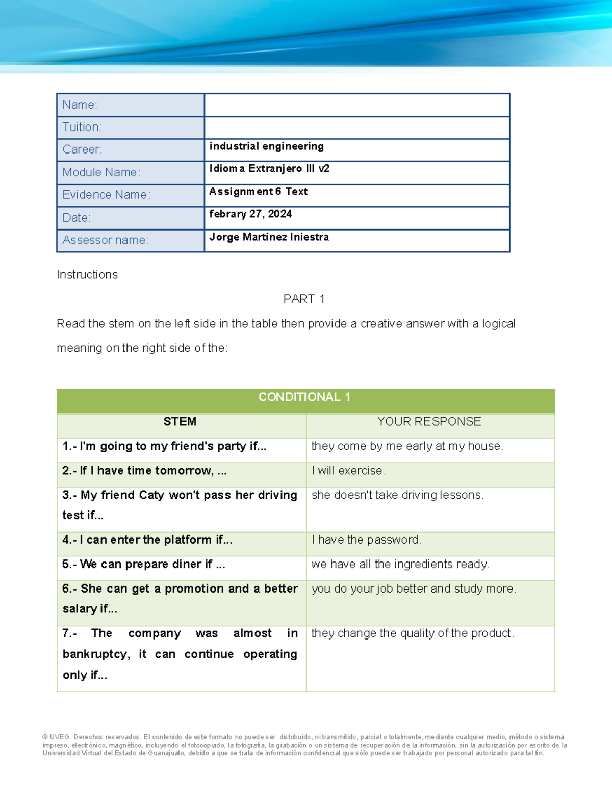 U1EA2 - ingles III - Name: Tuition: Career: industrial engineering Module Name: Idioma ...