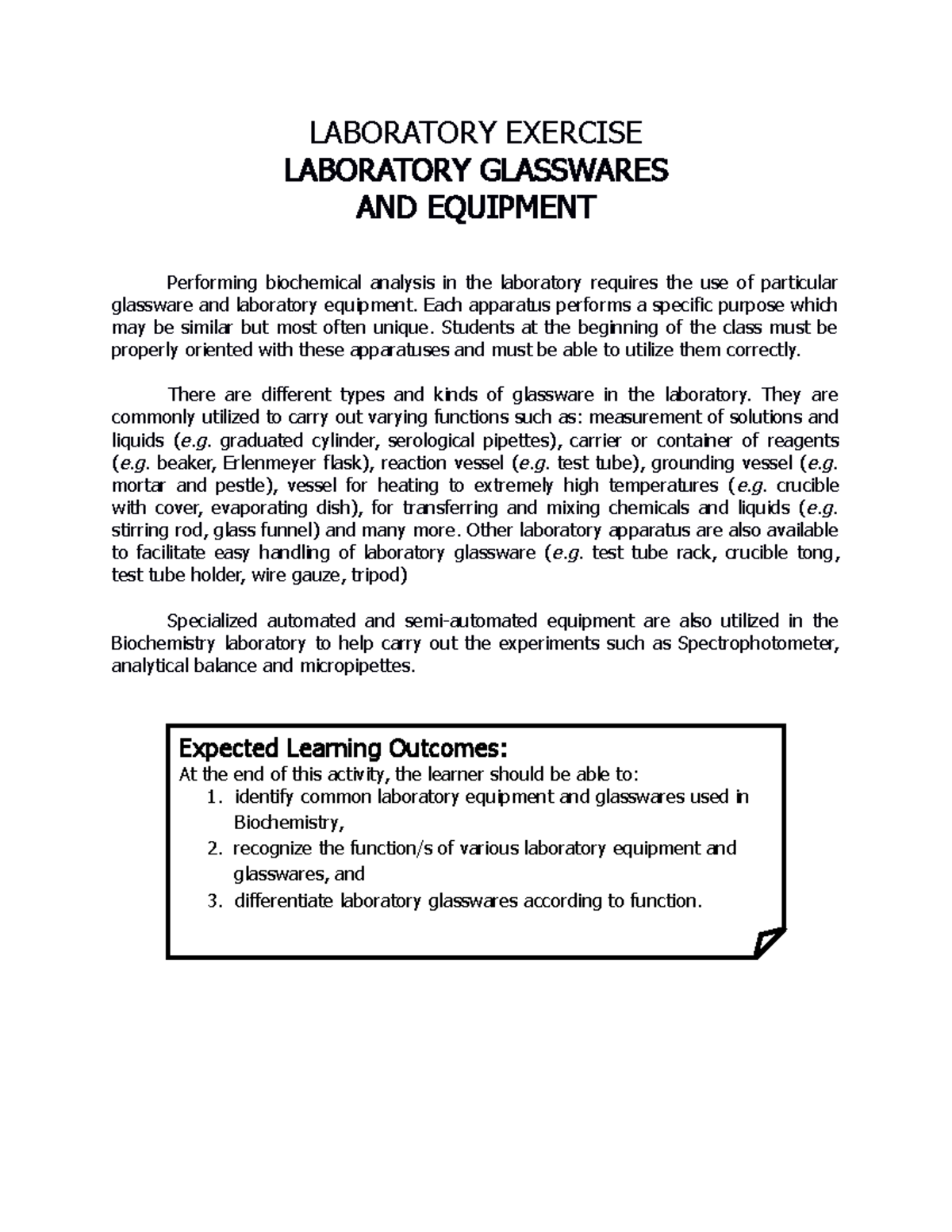 Worksheet 1 - for Laboratory Glasswares and Equipment - LABORATORY ...