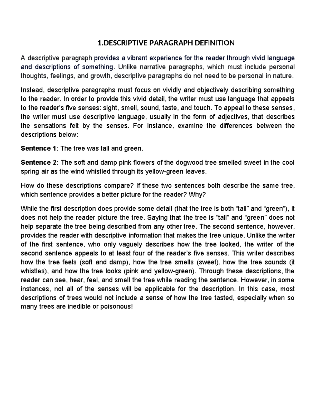 Descriptive Paragraph - Unlike narrative paragraphs, which must include ...