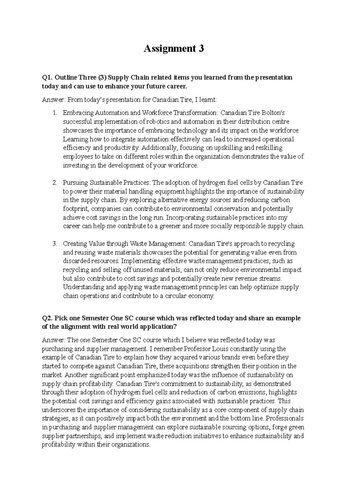 Supply Chain Learnings for Future Career Enhancement - Studocu