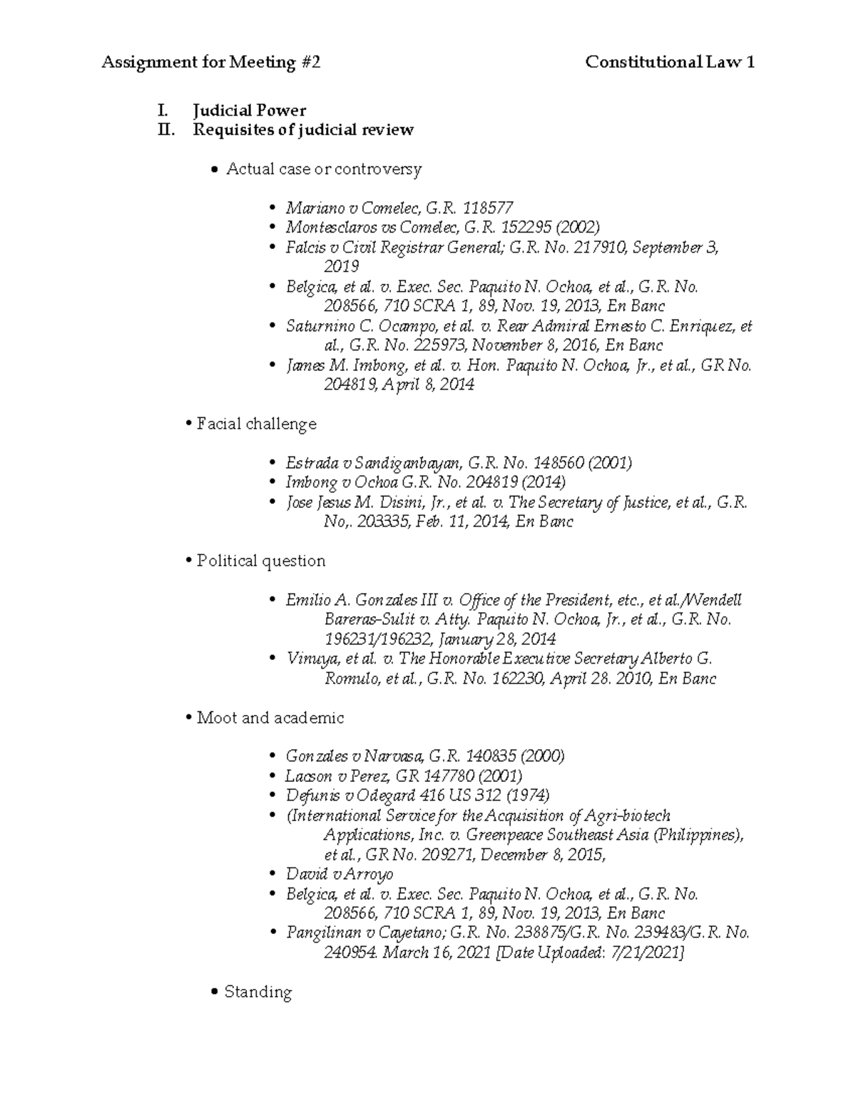 Consti LAW 1 Assignment 9623 - Assignment for Meeting #2 Constitutional Law 1 I. Judicial Power ...