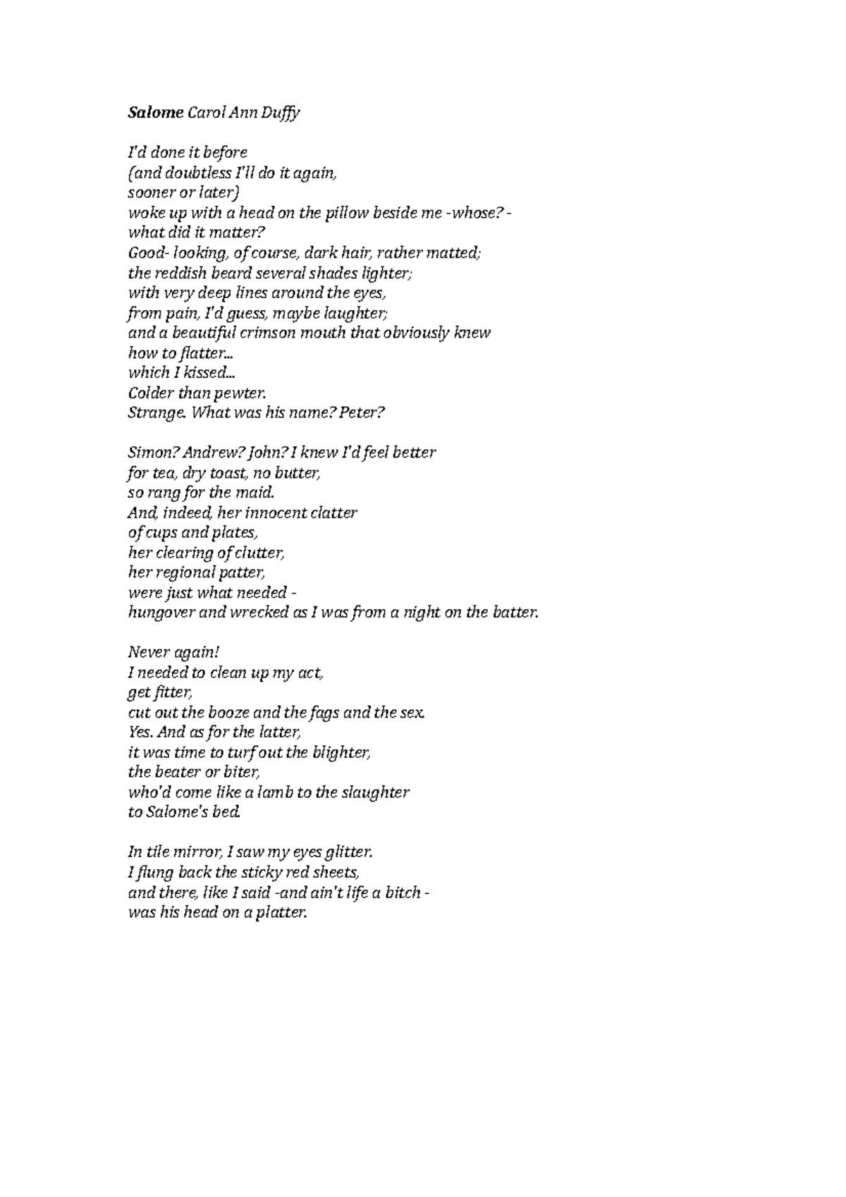 Salome Carol Ann Duffy - Poem practice - Salome Carol Ann Duffy I'd ...