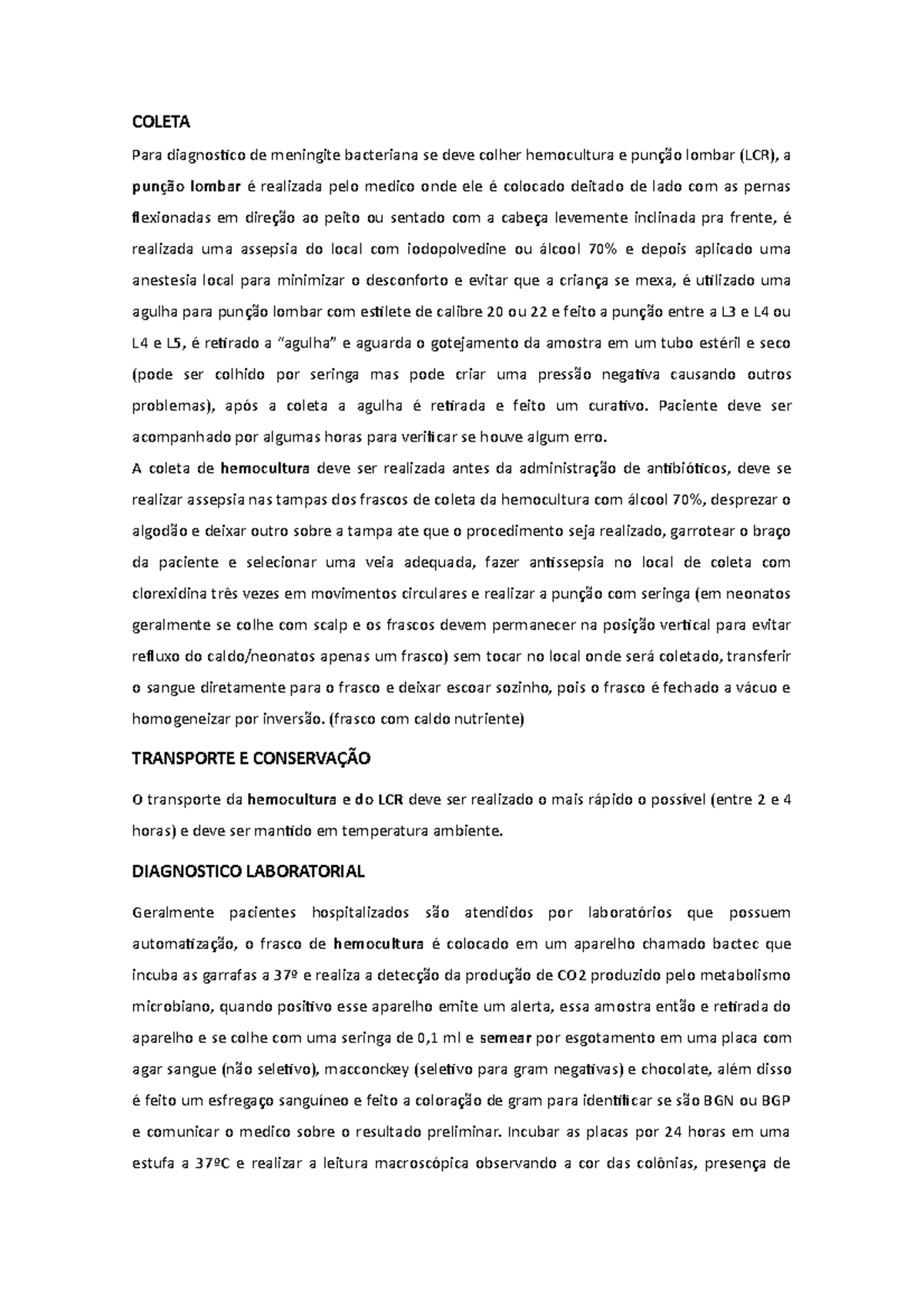 Coleta de LCR e hemocultura micro - COLETA Para diagnostico de ...