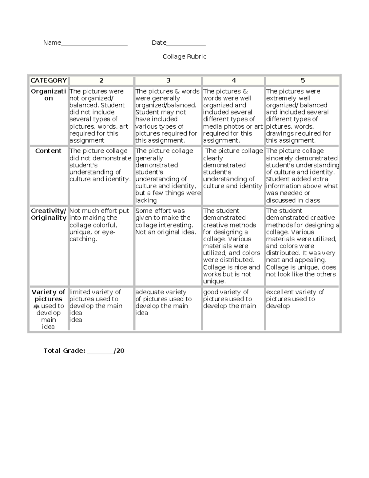 Collage rubric 1 - Name______________________ Date_____________ Collage ...