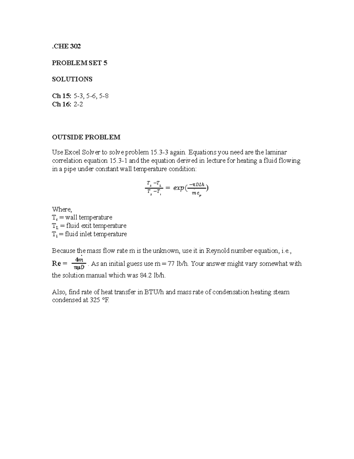 Problem set 5 SOLUTION - .CHE 302 PROBLEM SET 5 SOLUTIONS Ch 15: 5-3, 5-6, 5- Ch 16: 2- OUTSIDE ...