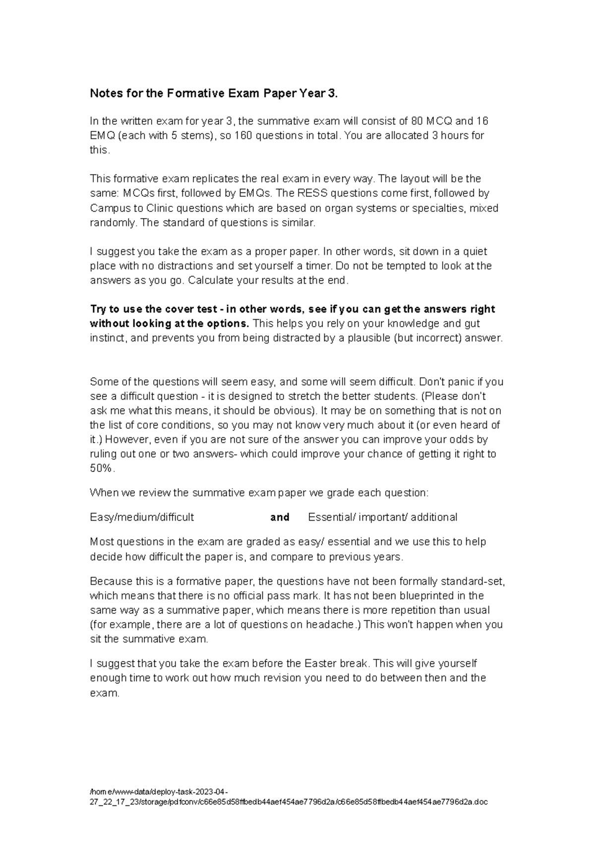 Full formative paper - Notes for the Formative Exam Paper Year 3. In ...