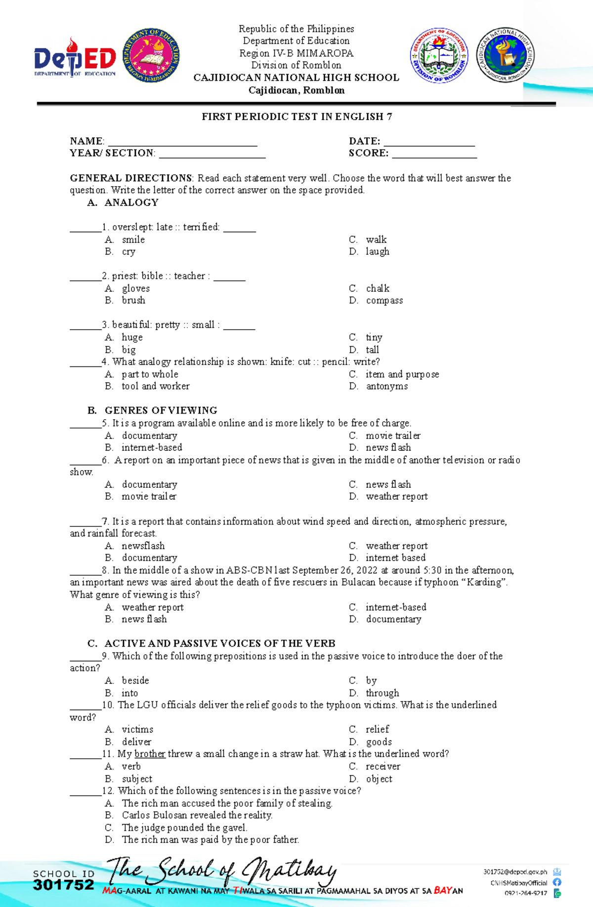 First Periodic TEST IN English 7-LONG - Department of Education Region ...