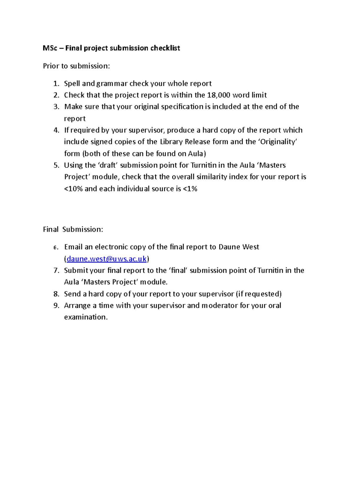 Msc Project Submission Checklist Msc Final Project Submission Checklist Prior To Submission