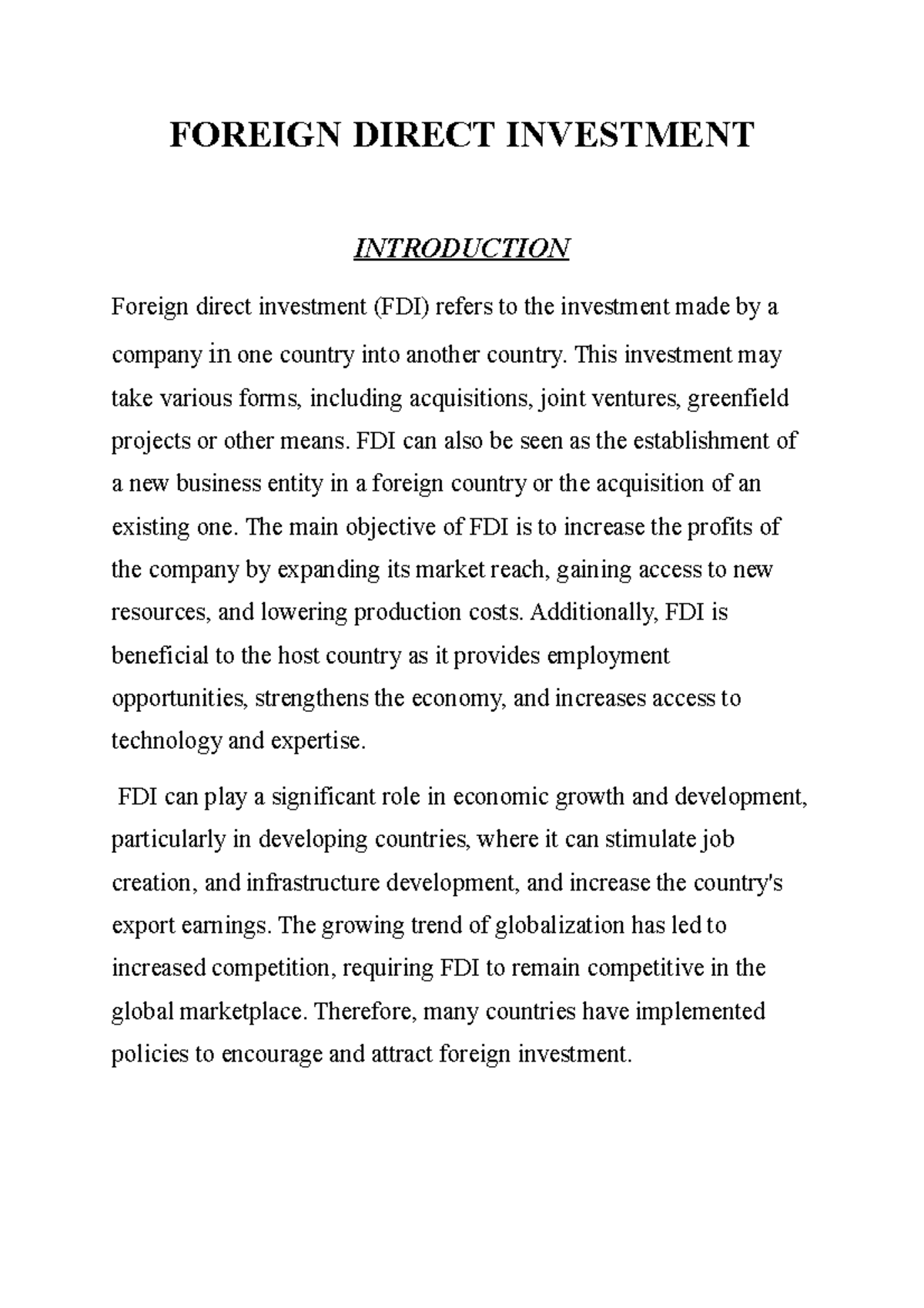 Foreign Direct Investment - FOREIGN DIRECT INVESTMENT INTRODUCTION ...