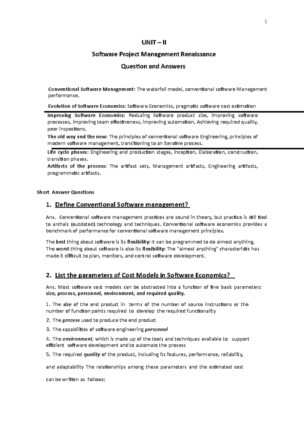 SPPM Question Answers for Unit - II - UNIT – II Software Project Management Renaissance Question ...