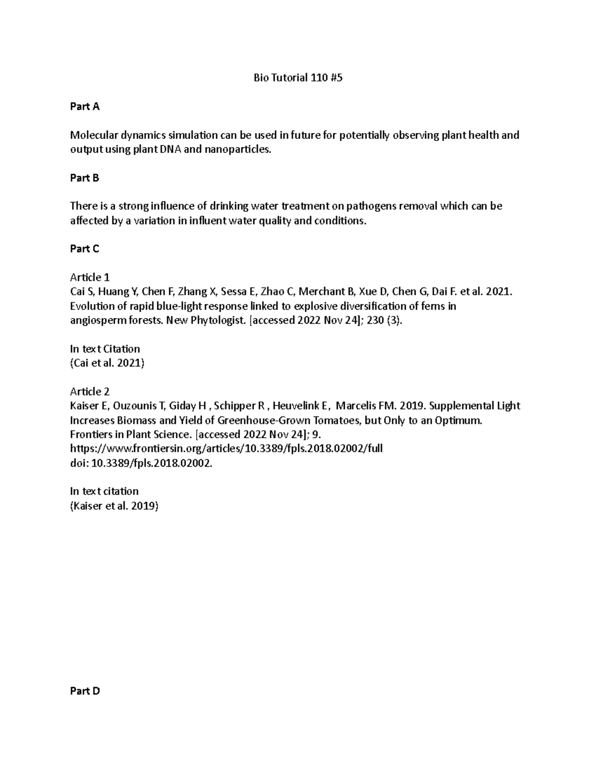 Bio Tutorial 110 5 - Assignment - Bio Tutorial 110 # Part A Molecular ...