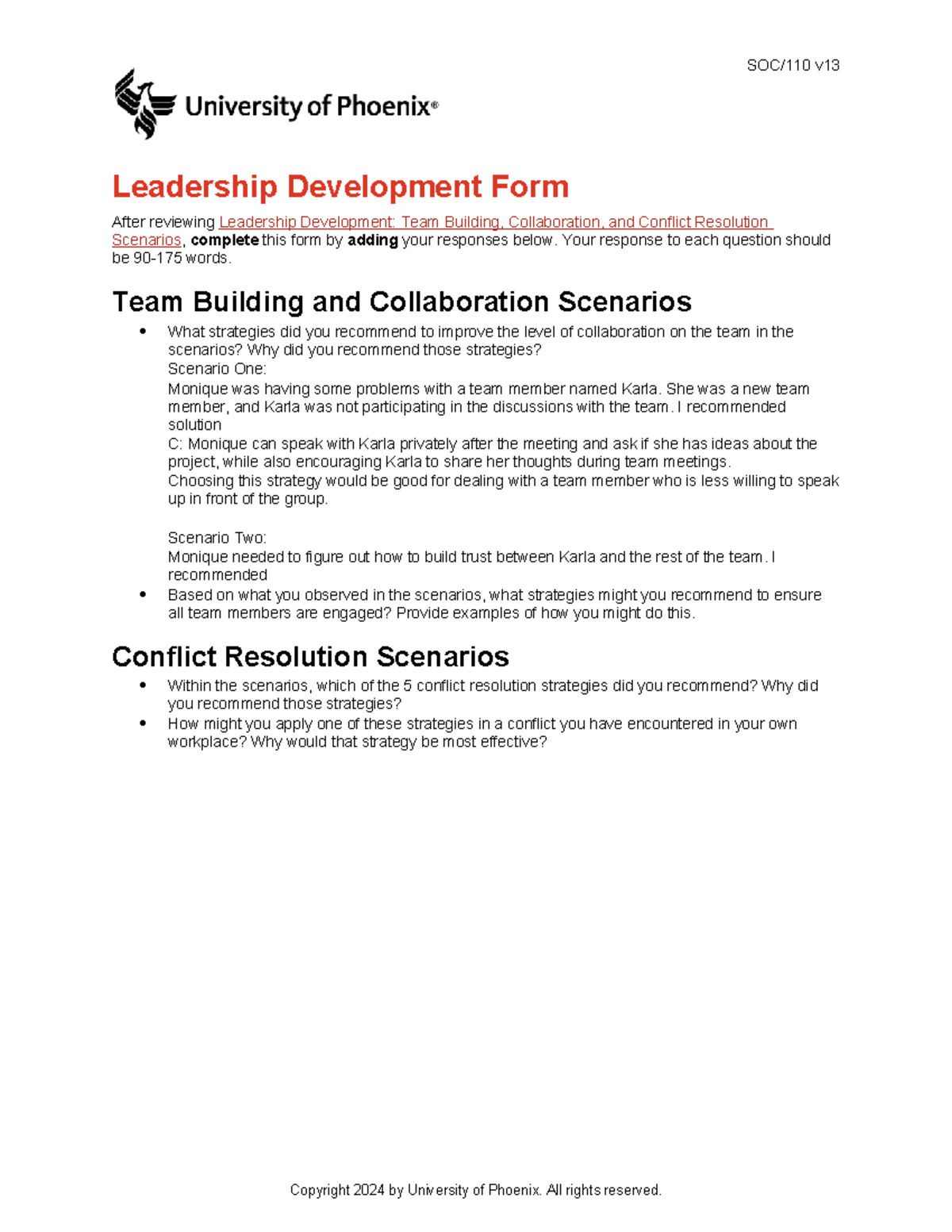 Leadership Scenarios Summative Assessment Week 5 - SOC/110 v Leadership ...