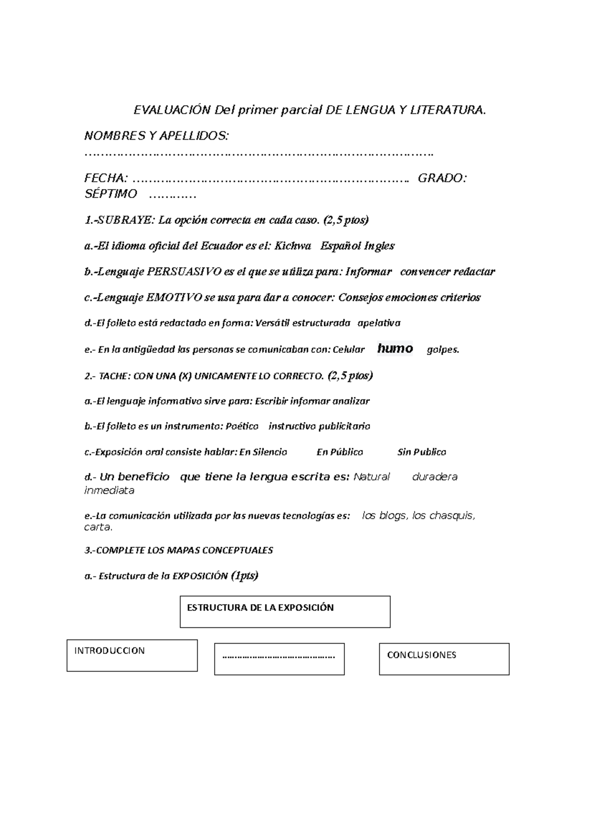 Evaluacion Primer Parcial - EVALUACIÓN Del primer parcial DE LENGUA Y LITERATURA. NOMBRES Y ...