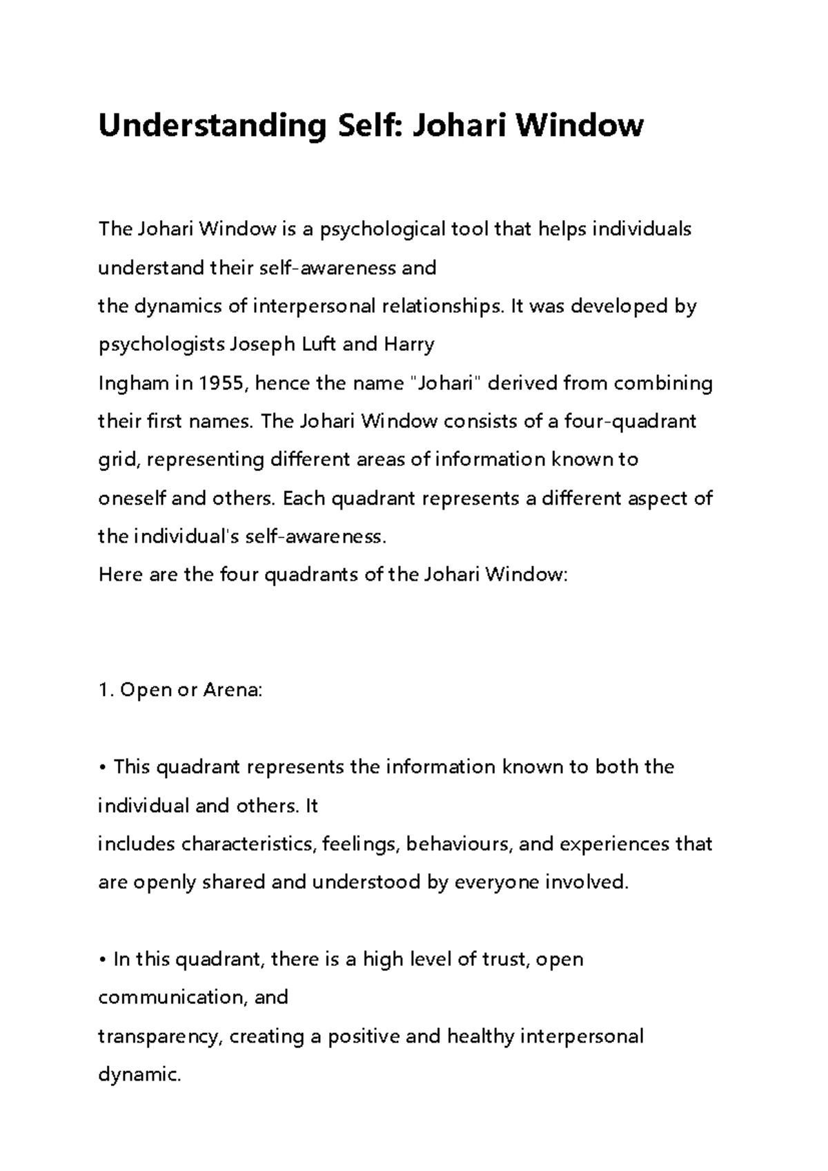 THE Johari Window Model - THE JOHARI WINDOW MODEL PSY 102 : Personality ...