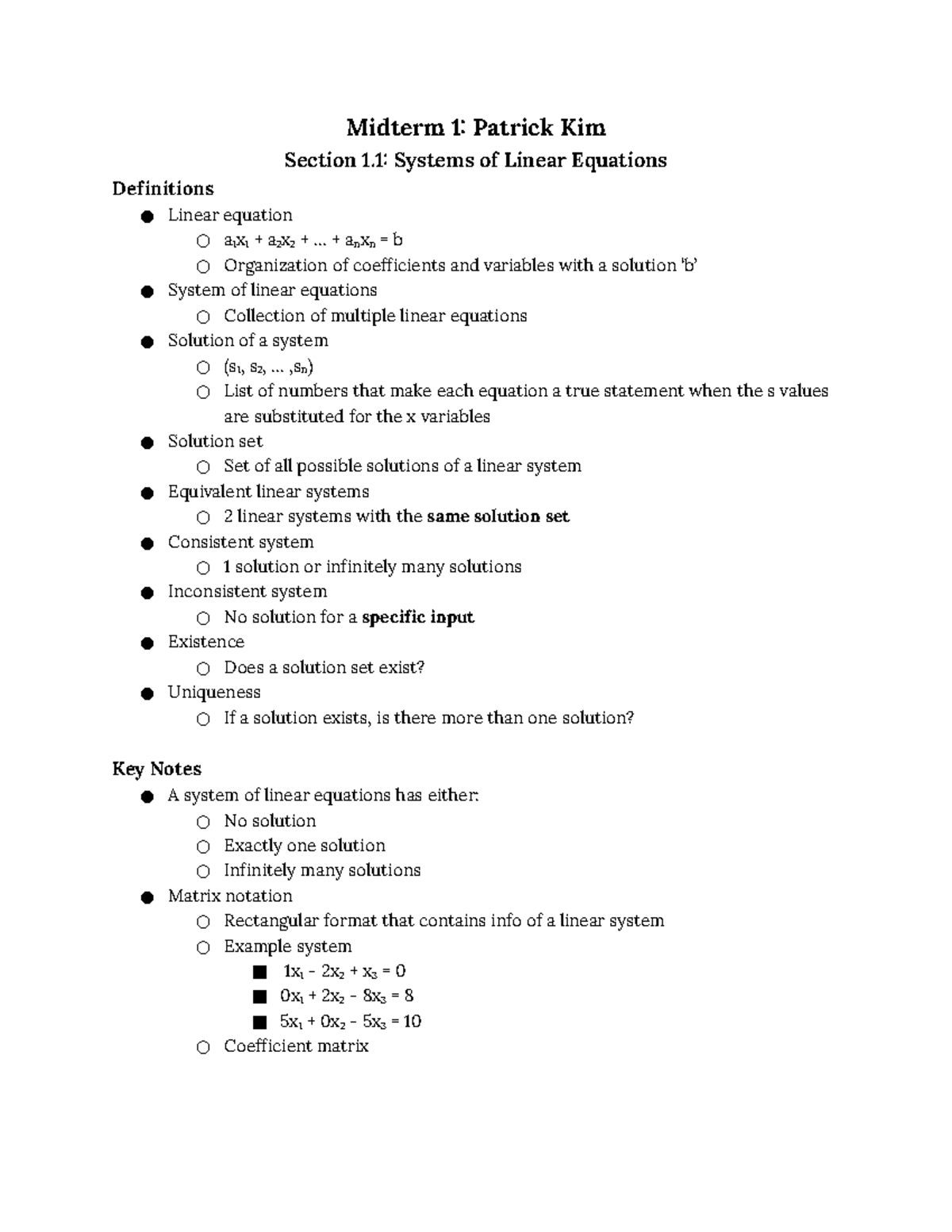 Midterm 1 Study Guide - Midterm 1: Patrick Kim Section 1: Systems of Linear Equations ...