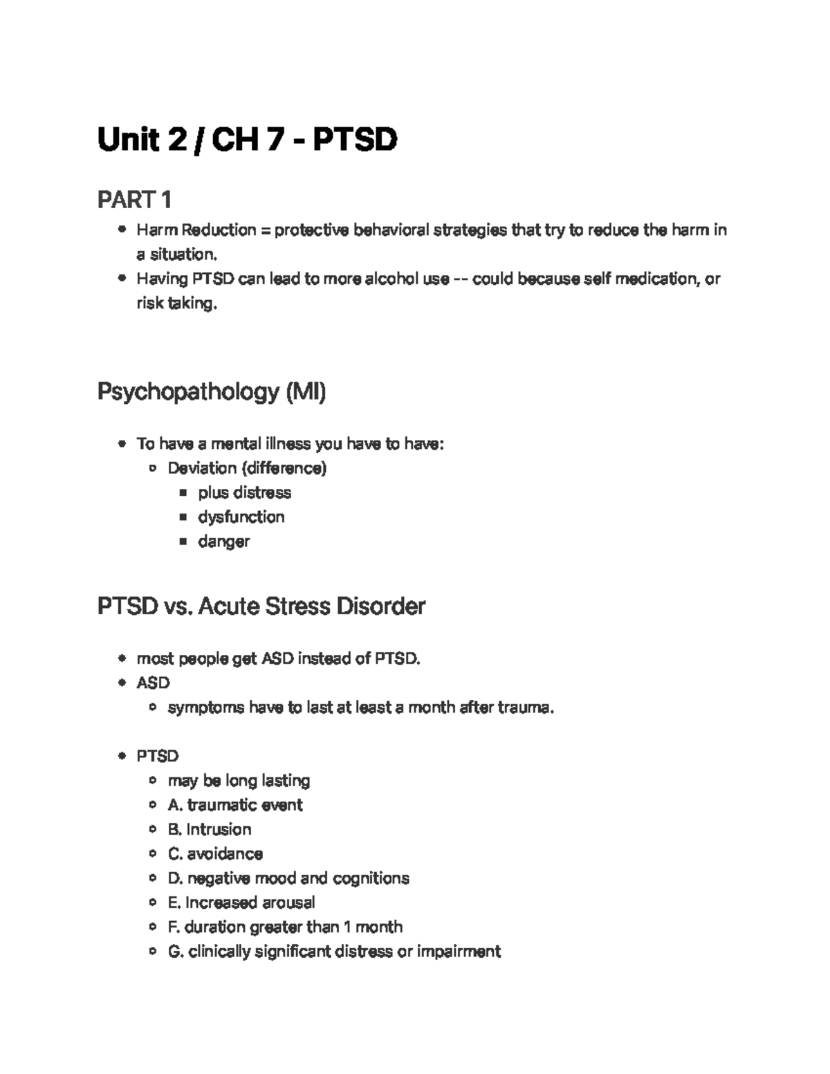 Unit 2 CH 7 - PTSD - Lecture notes from online class with Timothy ...