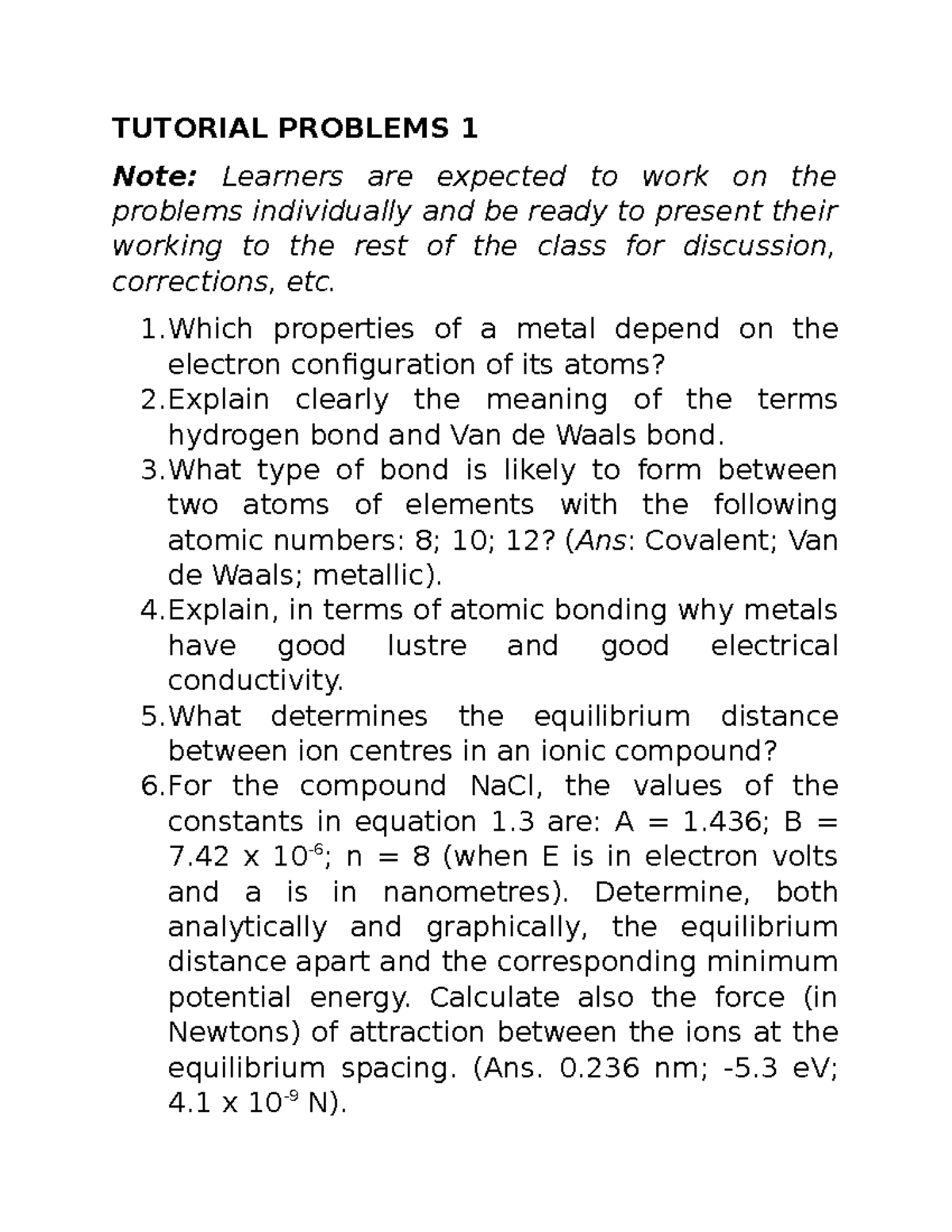 FME 251 Tutorial Problems 1 - Copy - TUTORIAL PROBLEMS 1 Note: Learners are expected to work on ...