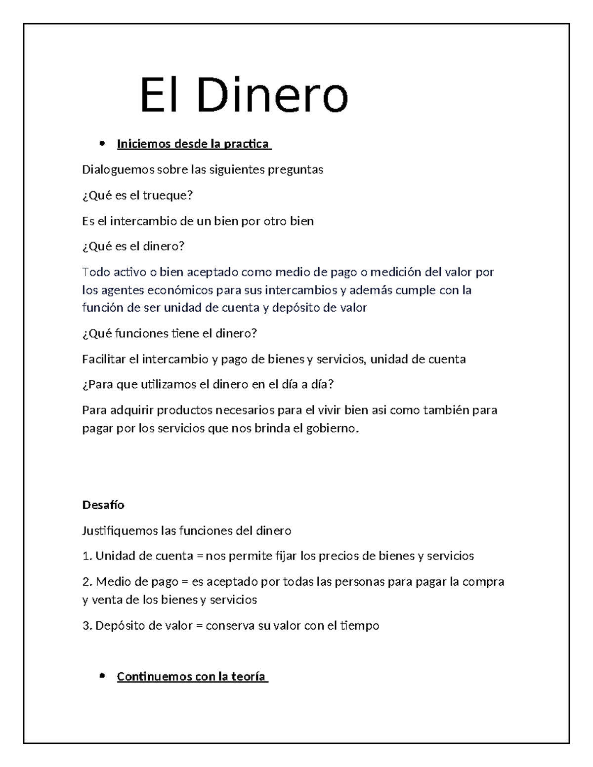 El Dinero - El Dinero Iniciemos desde la practica Dialoguemos sobre las ...