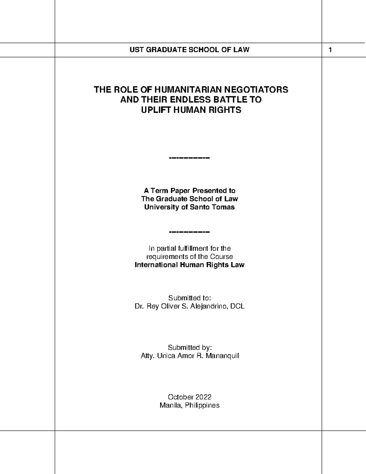 Mananquil Unica Amor Term Paper IHRL - THE ROLE OF HUMANITARIAN ...