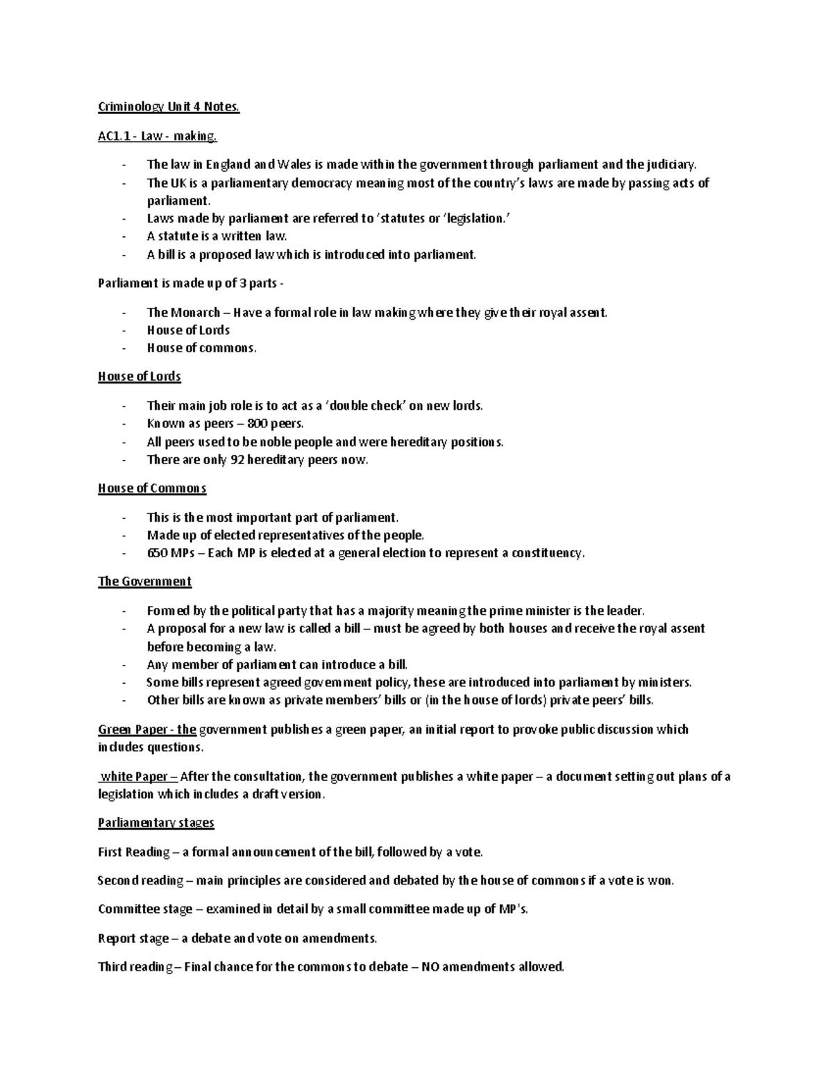 Criminology Unit 4 Notes - Criminology Unit 4 Notes. AC1 - Law - making ...
