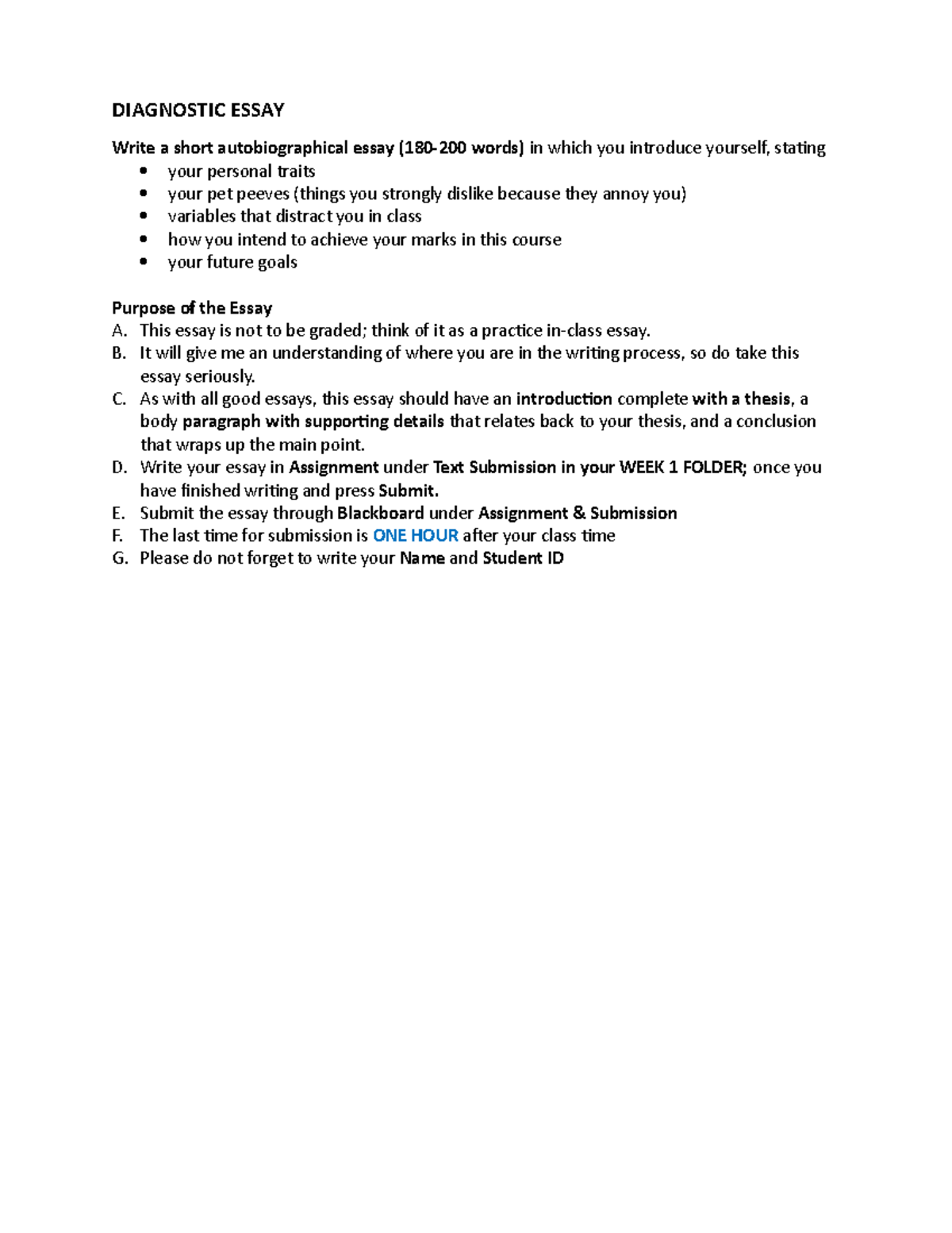 1007-1 - Diagnostic Writing BBU - DIAGNOSTIC ESSAY Write a short ...