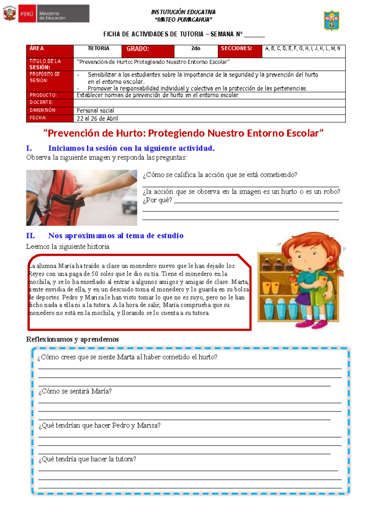 Ficha DE Actividades DE Tutoria EL Hurto - INSTUTUCIÓN EDUCATIVA “MATEO ...