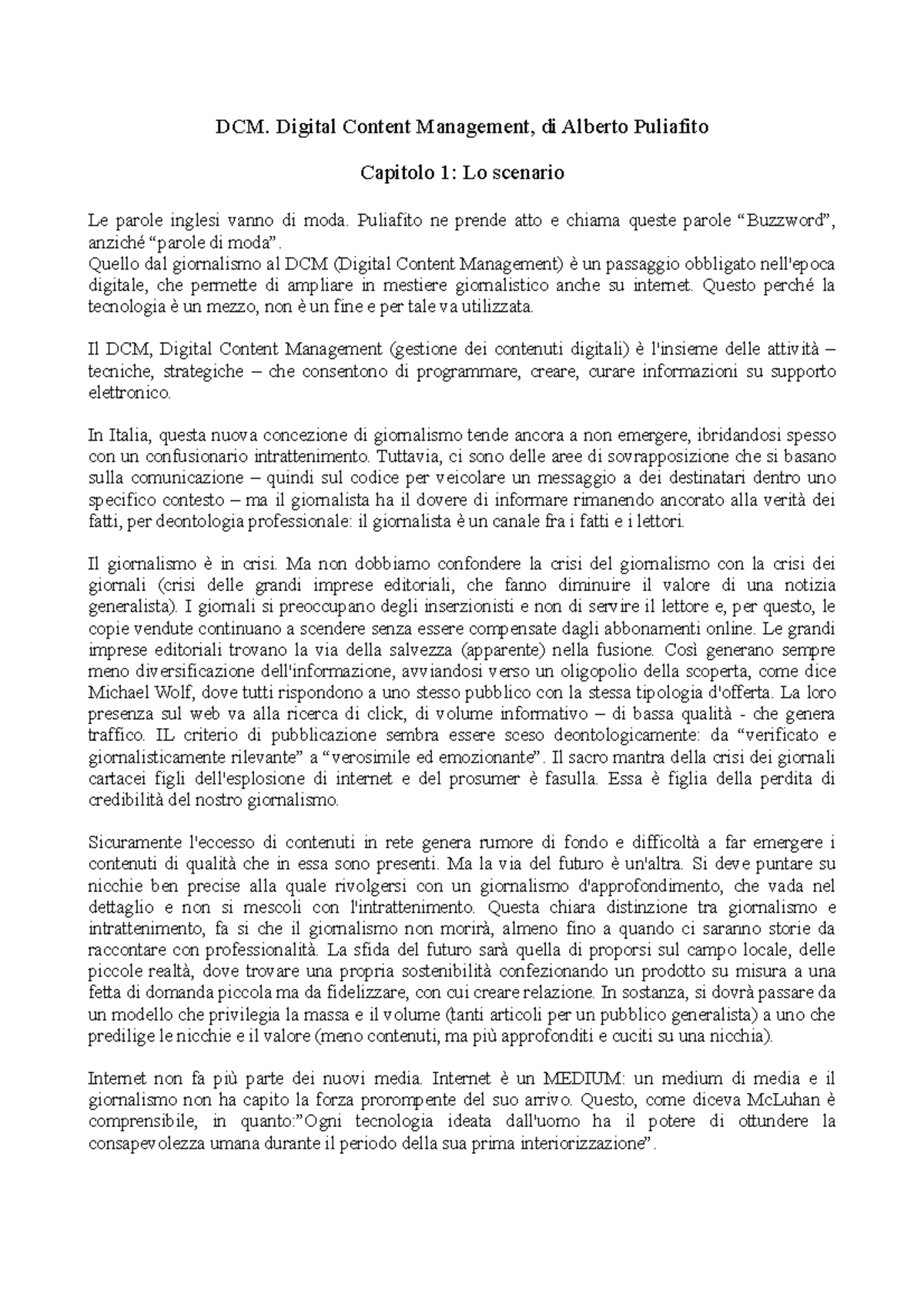 DCM - Puliafito (riassunto) - DCM. Digital Content Management, di Alberto Puliafito Capitolo 1 ...